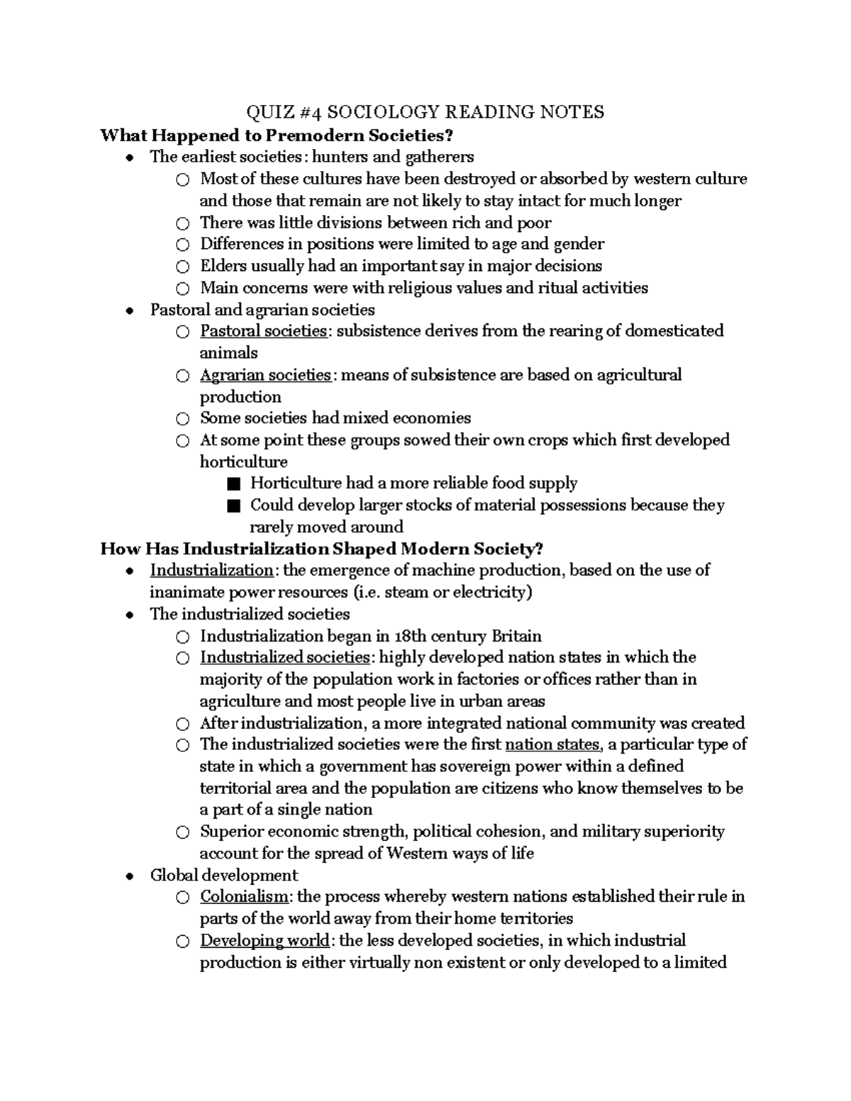 QUIZ #4 Sociology Reading Notes - QUIZ #4 SOCIOLOGY READING NOTES What ...