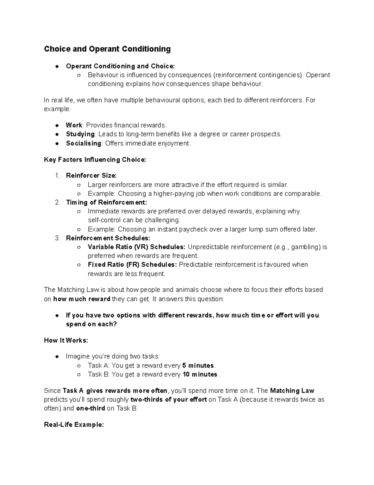 Human Learning modules 10,11 summary - Choice and Operant Conditioning ...