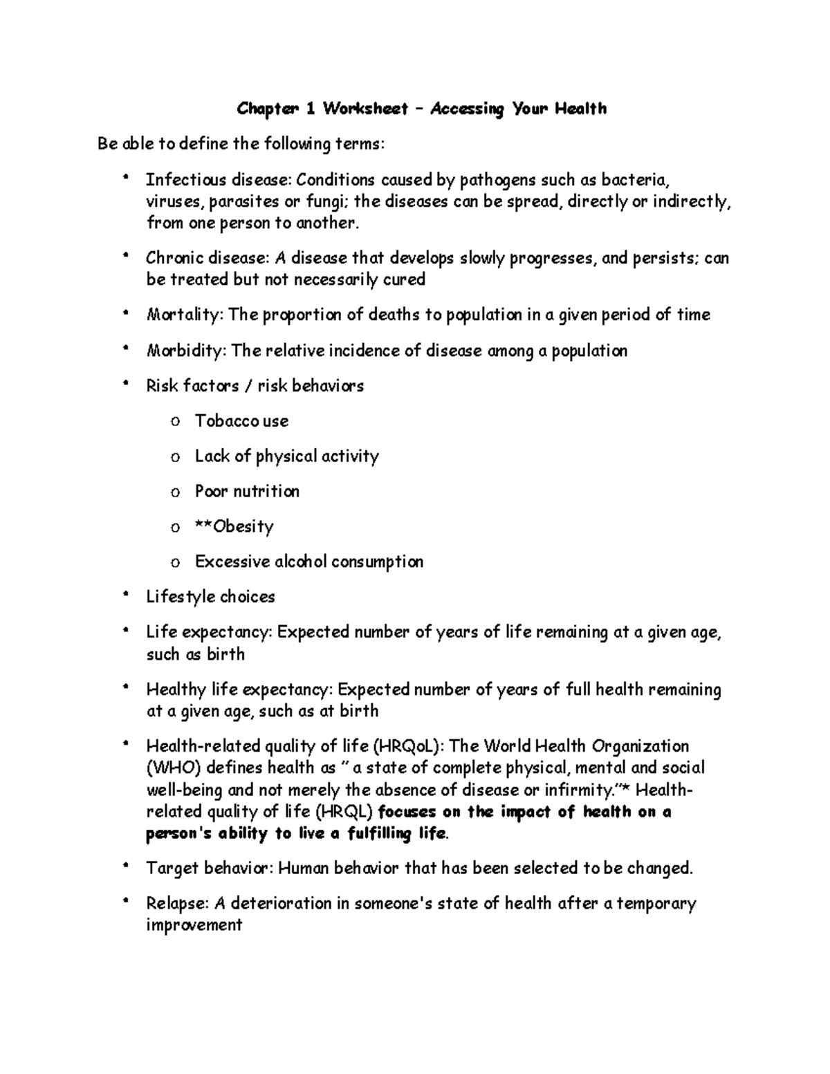 Chp 1 Worksheet Fall 20 - Chapter 1 Worksheet – Accessing Your Health ...