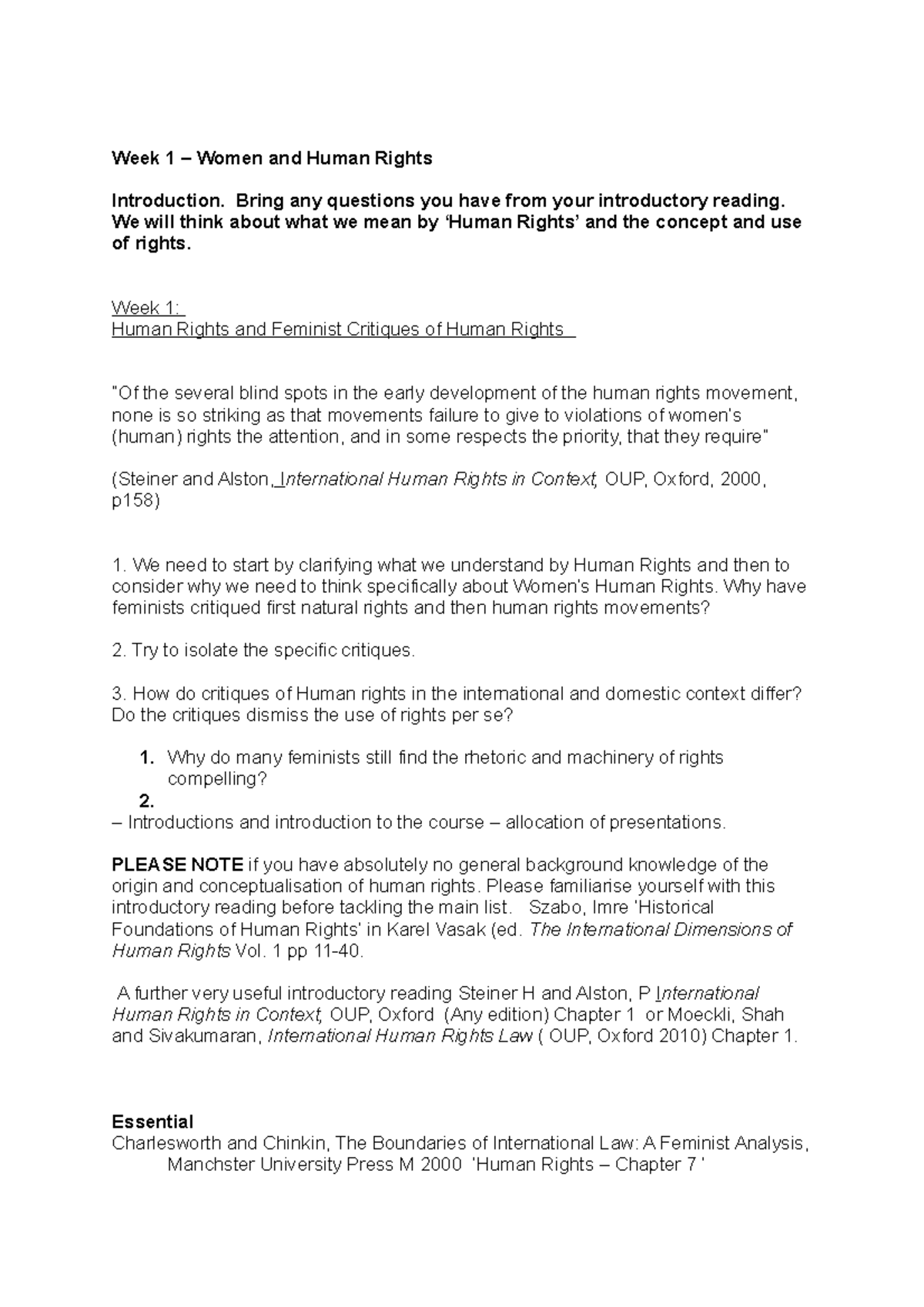 Week 1 WHR - Lecture notes 1 - Week 1 – Women and Human Rights ...