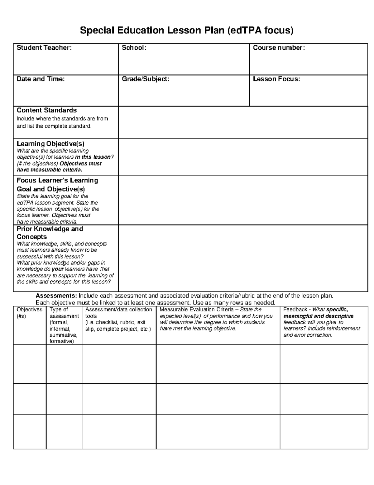 Special Education Lesson Plan Template Special Education Lesson Plan