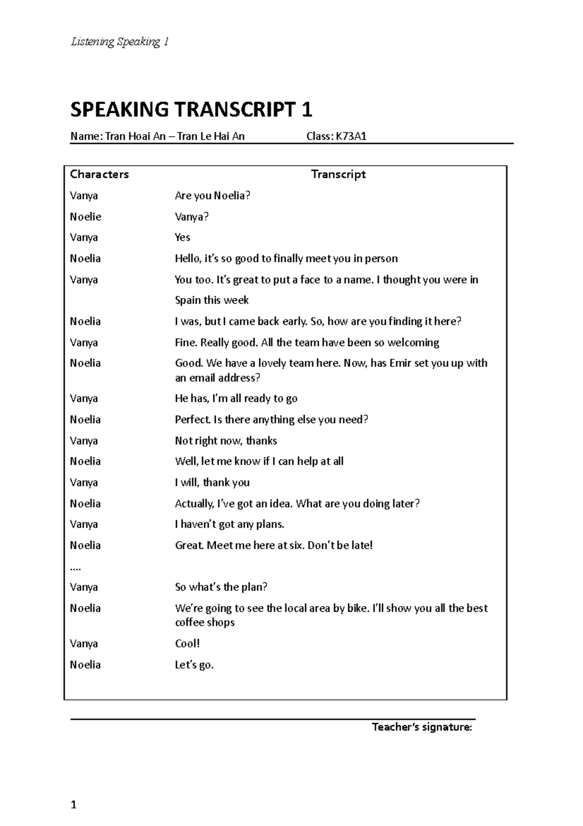 Listening assignment - Listening Speaking 1 SPEAKING TRANSCRIPT 1 Name: Tran Hoai An – Tran Le ...