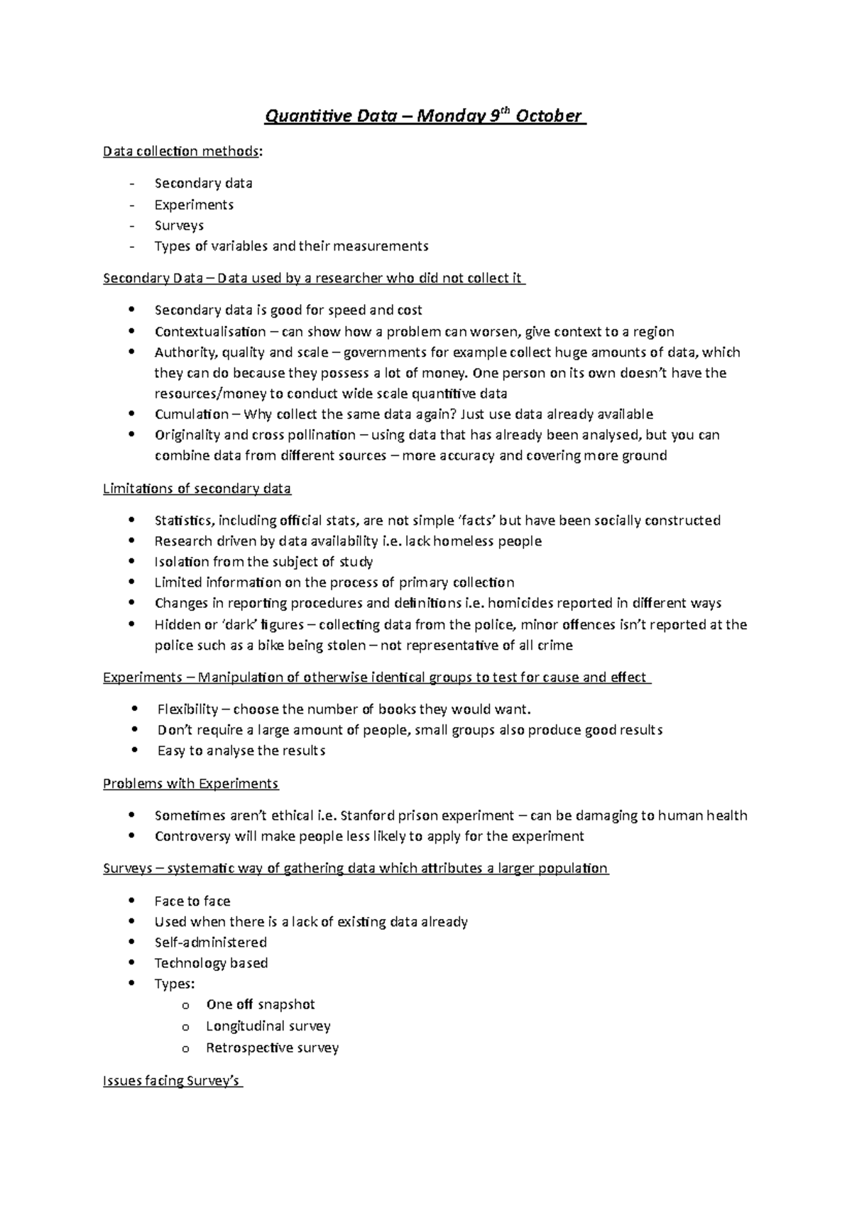 Quantitative Data Lecture Notes Quantitive Data Monday 9 Th October