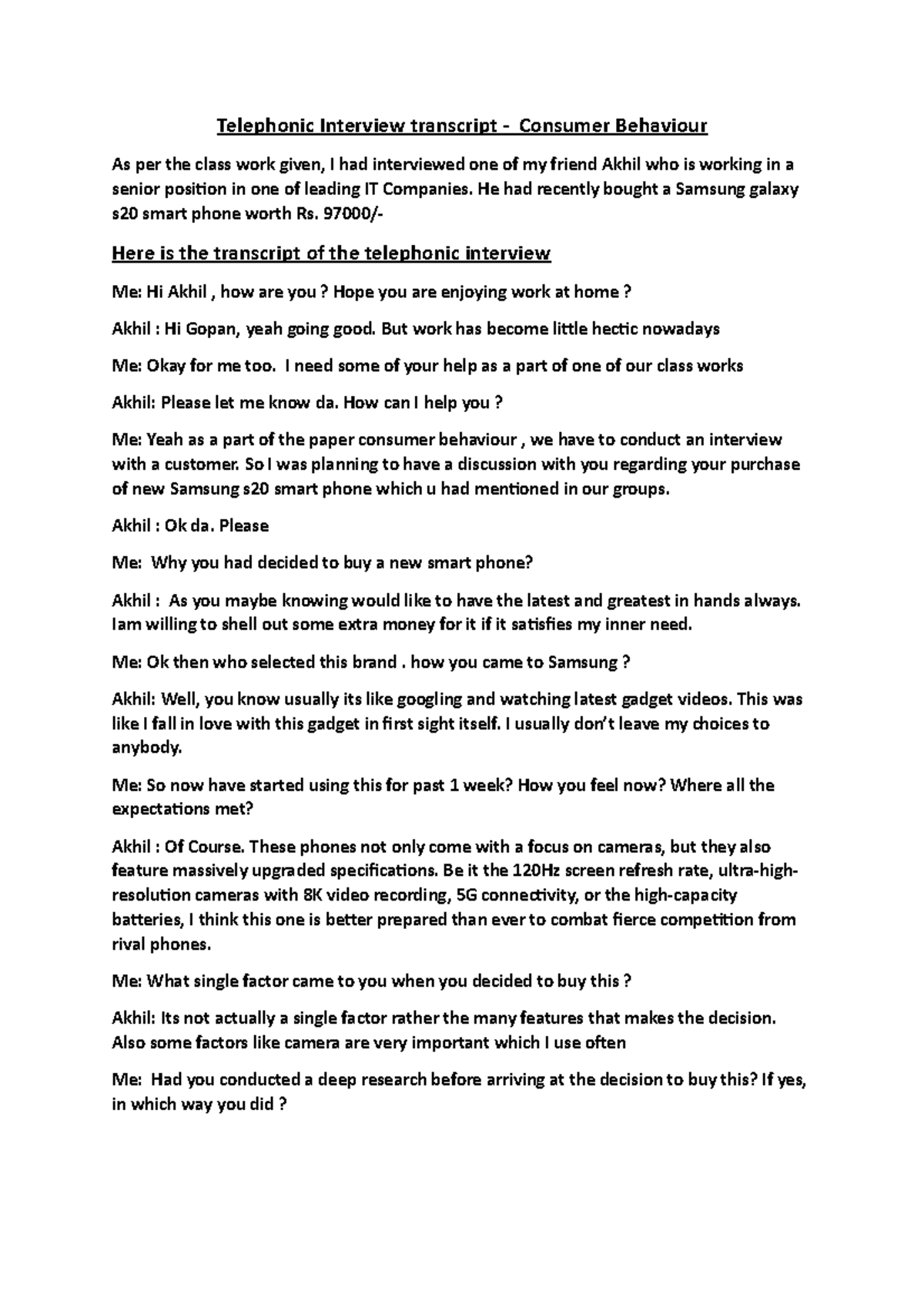 Consumer behaviour assignment - Telephonic Interview transcript ...