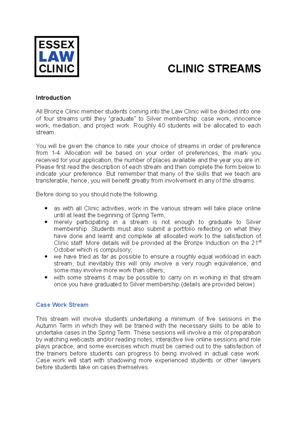 Stream Handbook - CLINIC STREAMS Introduction All Bronze Clinic member ...