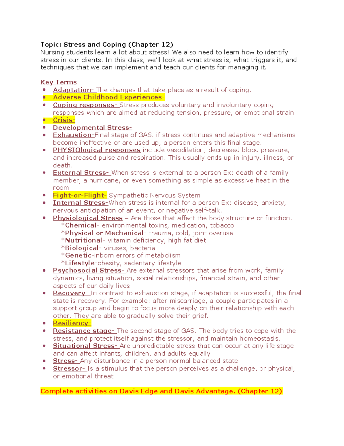 Exam 3 FPCC - Exam 3 FPCC - Topic: Stress and Coping (Chapter 12 ...