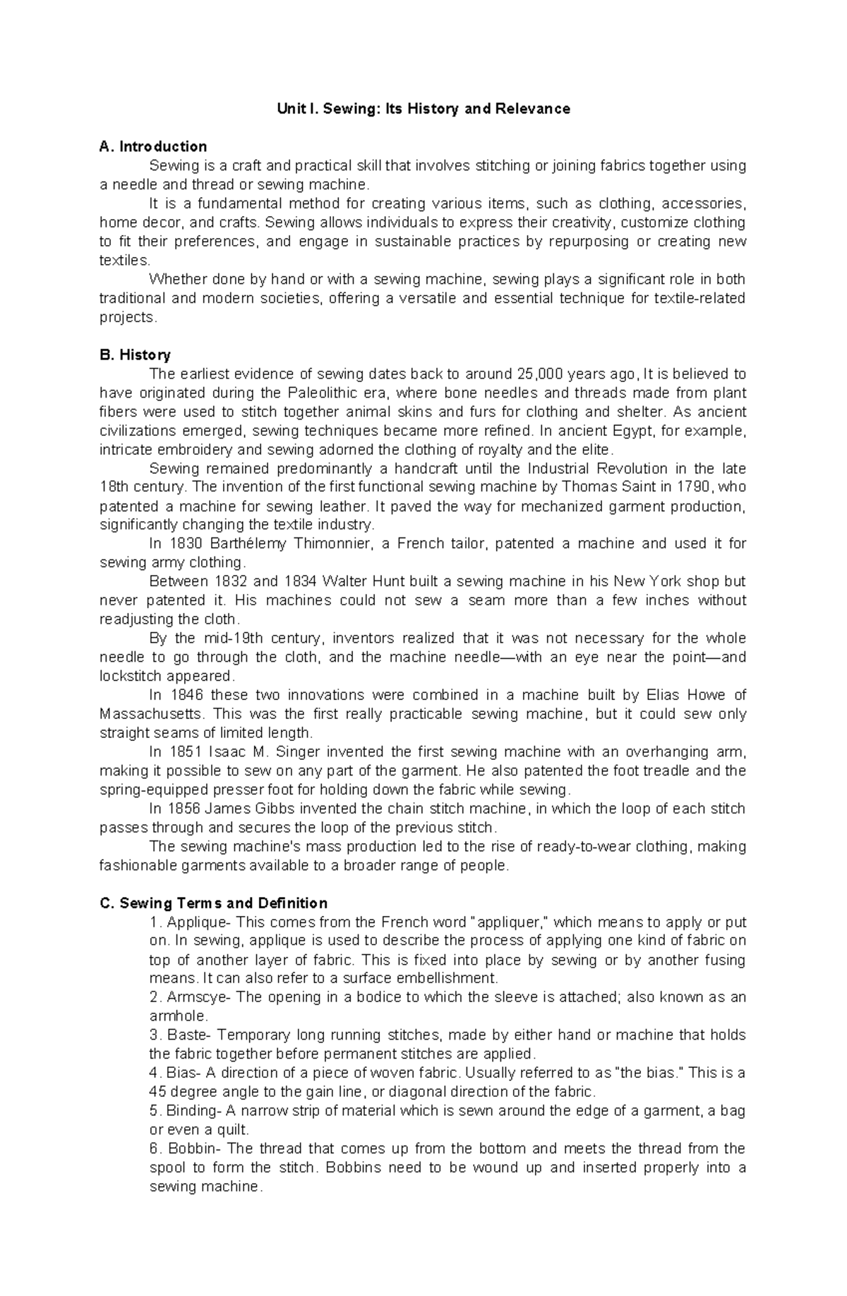 Unit I 2 History of Sewing and the Sewing Machine - Unit I. Sewing: Its ...