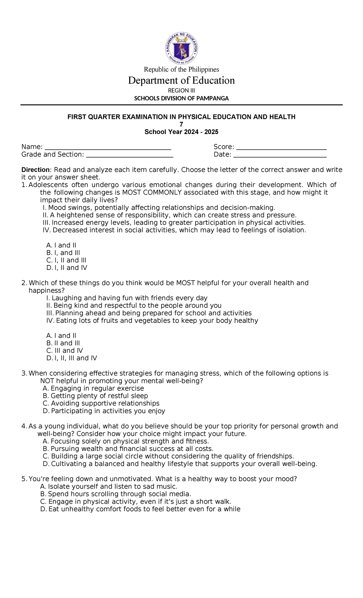 First- Periodic- Examination-IN PE-AND- Health Grade-7 - Republic of ...