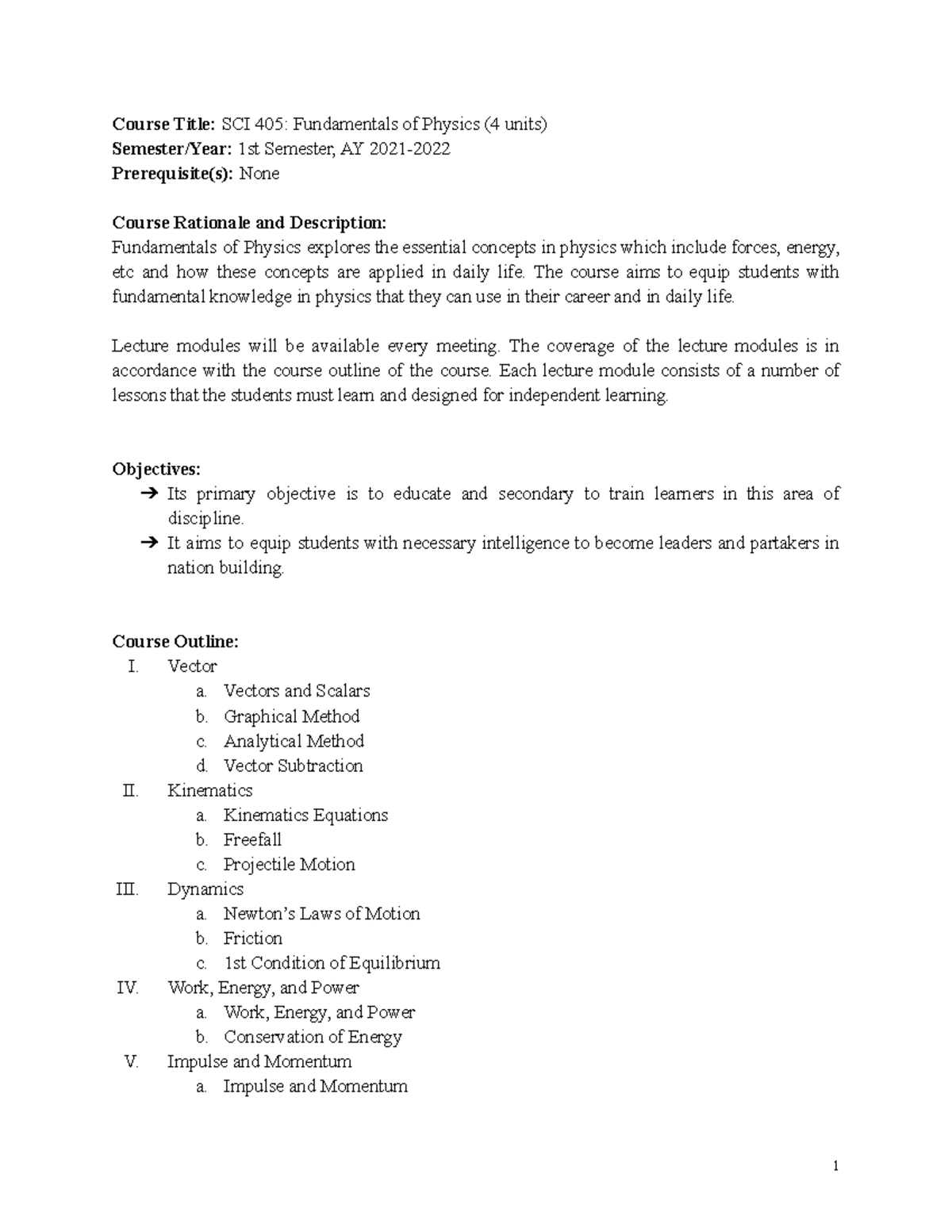 Course Outline - SCI 405 Fundamentals of Physics - Course Title: SCI 405: Fundamentals of ...