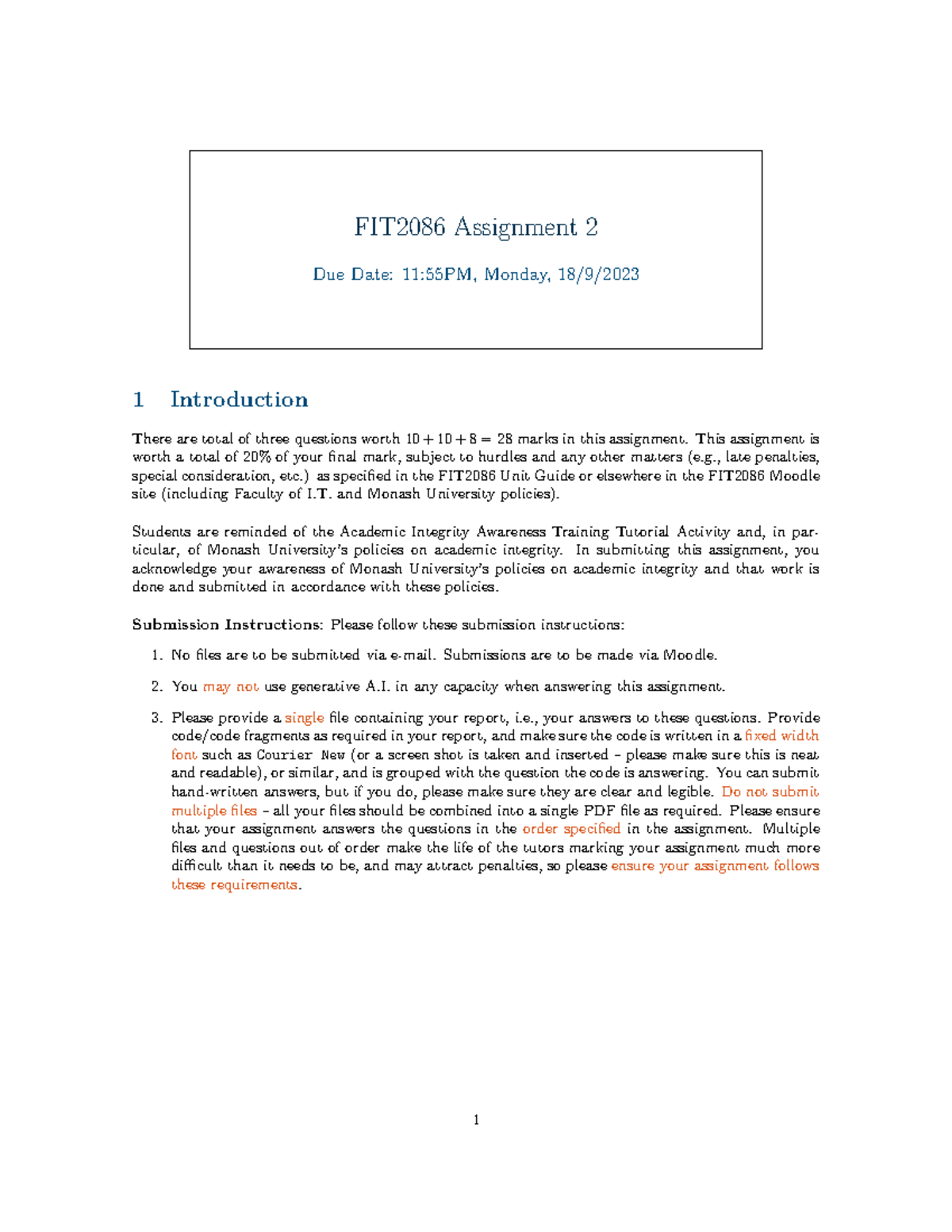 Assignment 2 (2023) - FIT2086 Assignment 2 Due Date: 11:55PM, Monday, 18/9/ 1 Introduction There ...