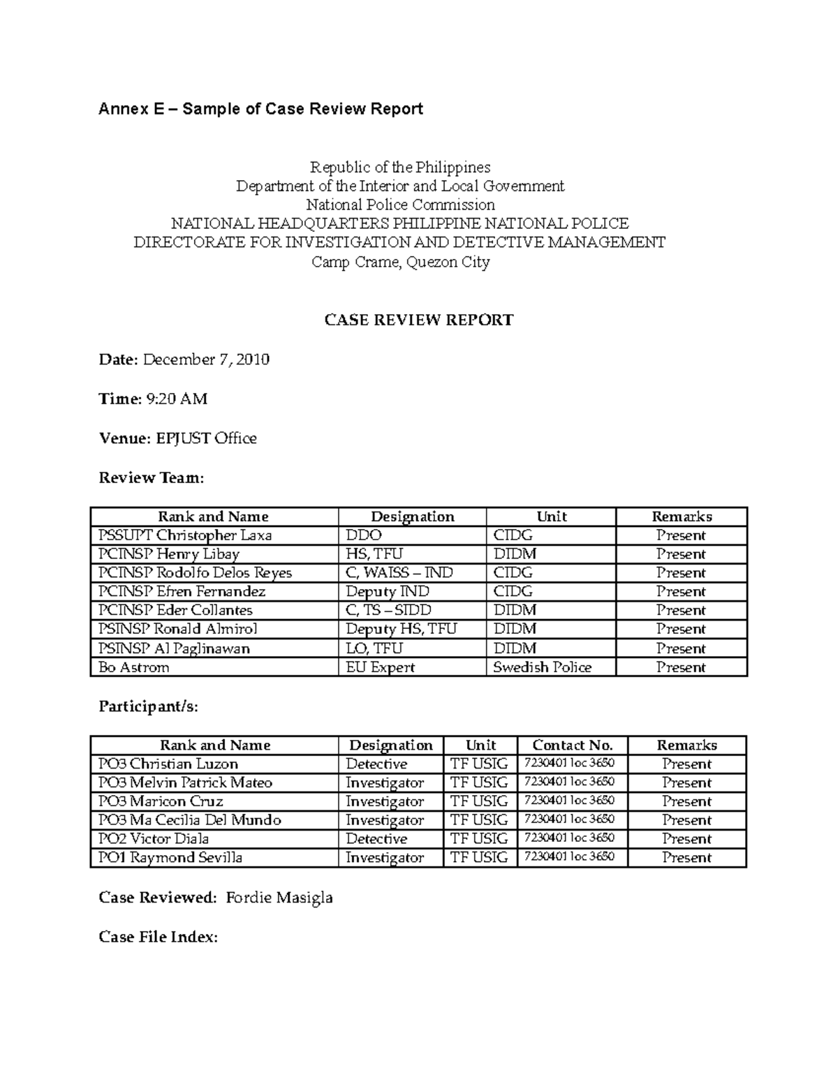 Annex E - Sample Case Review Report - Annex E – Sample of Case Review ...