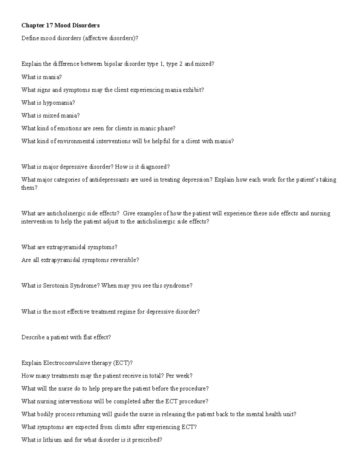 Chapter 17 Mood Disorders Worksheet - Chapter 17 Mood Disorders Define ...