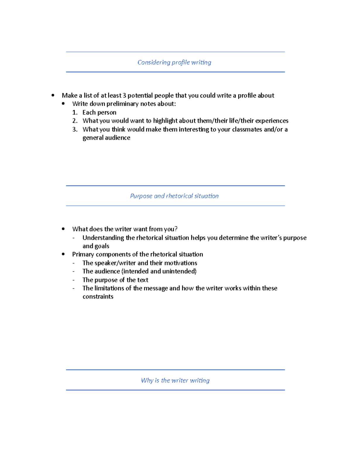 English Notes - Considering profile writing Make a list of at least 3 ...