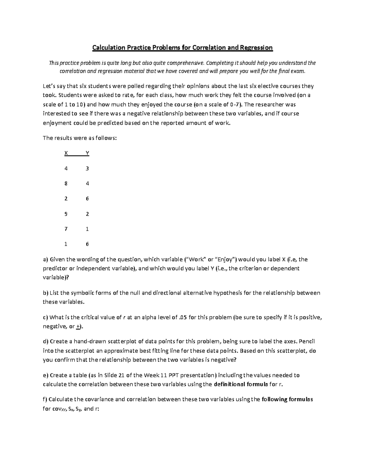 Calculation Practice for Correlation and Regression - Calculation ...