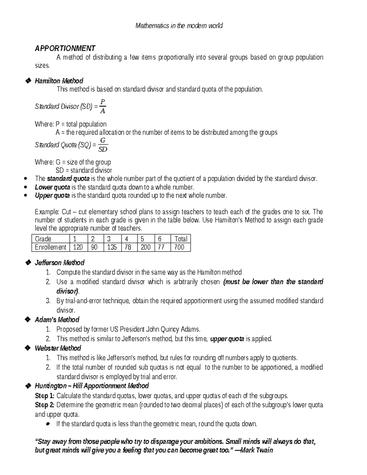 Apportionment Module - Mathematics in the modern world APPORTIONMENT A ...