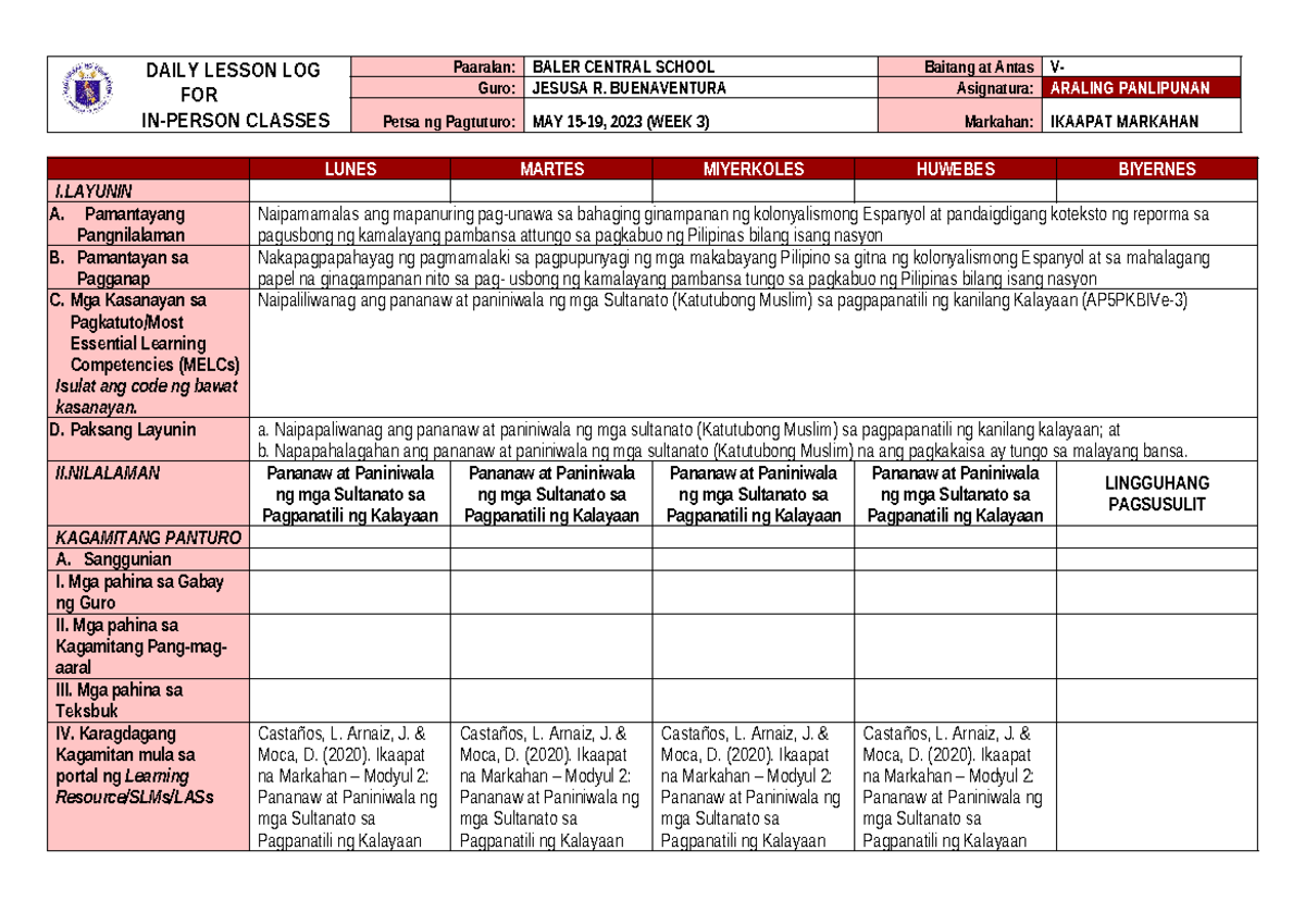 G5 Q4W3 DLL AP (MELCs) - DAILY LESSON LOG FOR IN-PERSON CLASSES ...