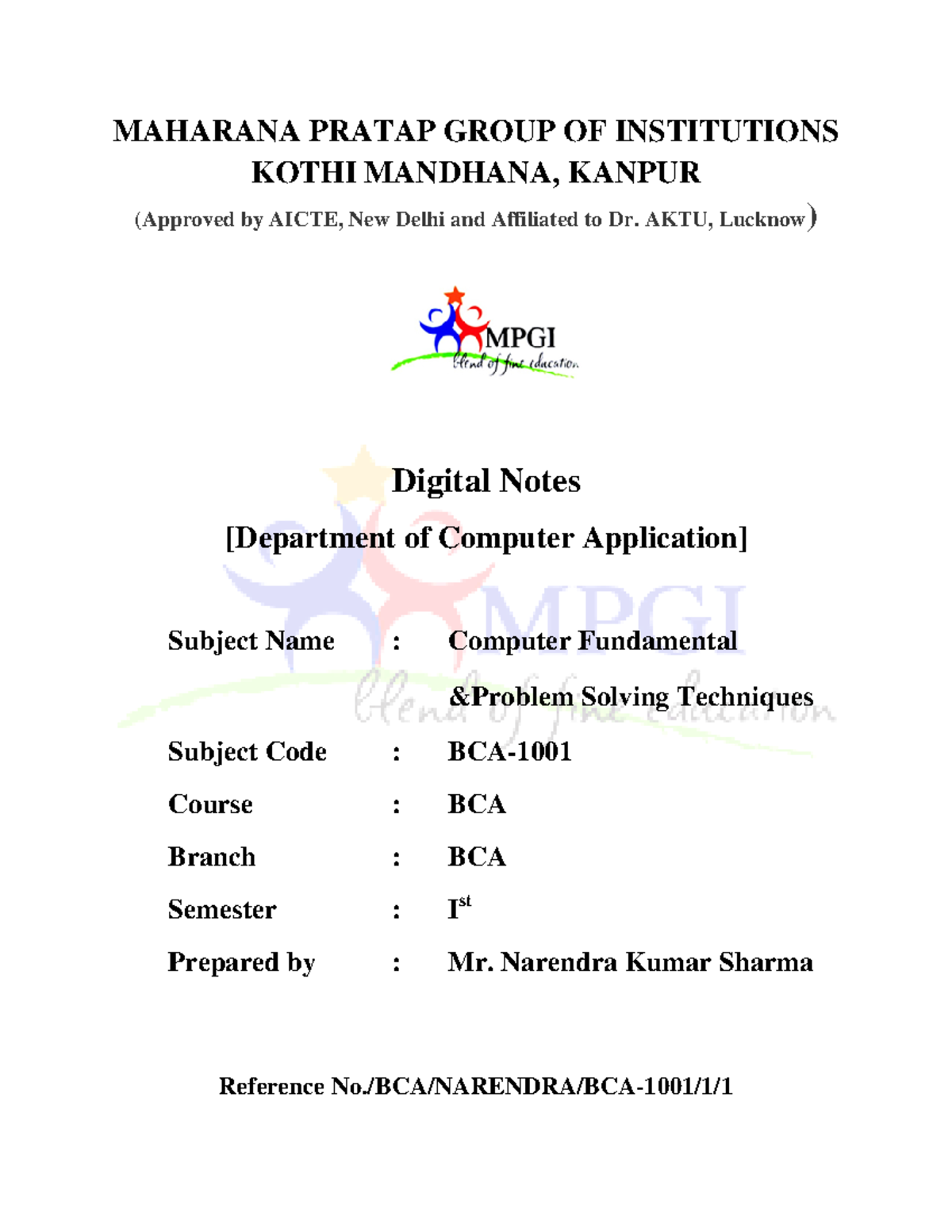 C lectures notes - MAHARANA PRATAP GROUP OF INSTITUTIONS KOTHI MANDHANA ...