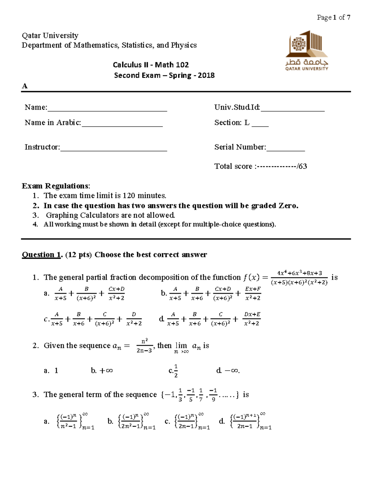 [Spring 2018 ] 2nd exam - exam hand writing summary - Qatar University ...