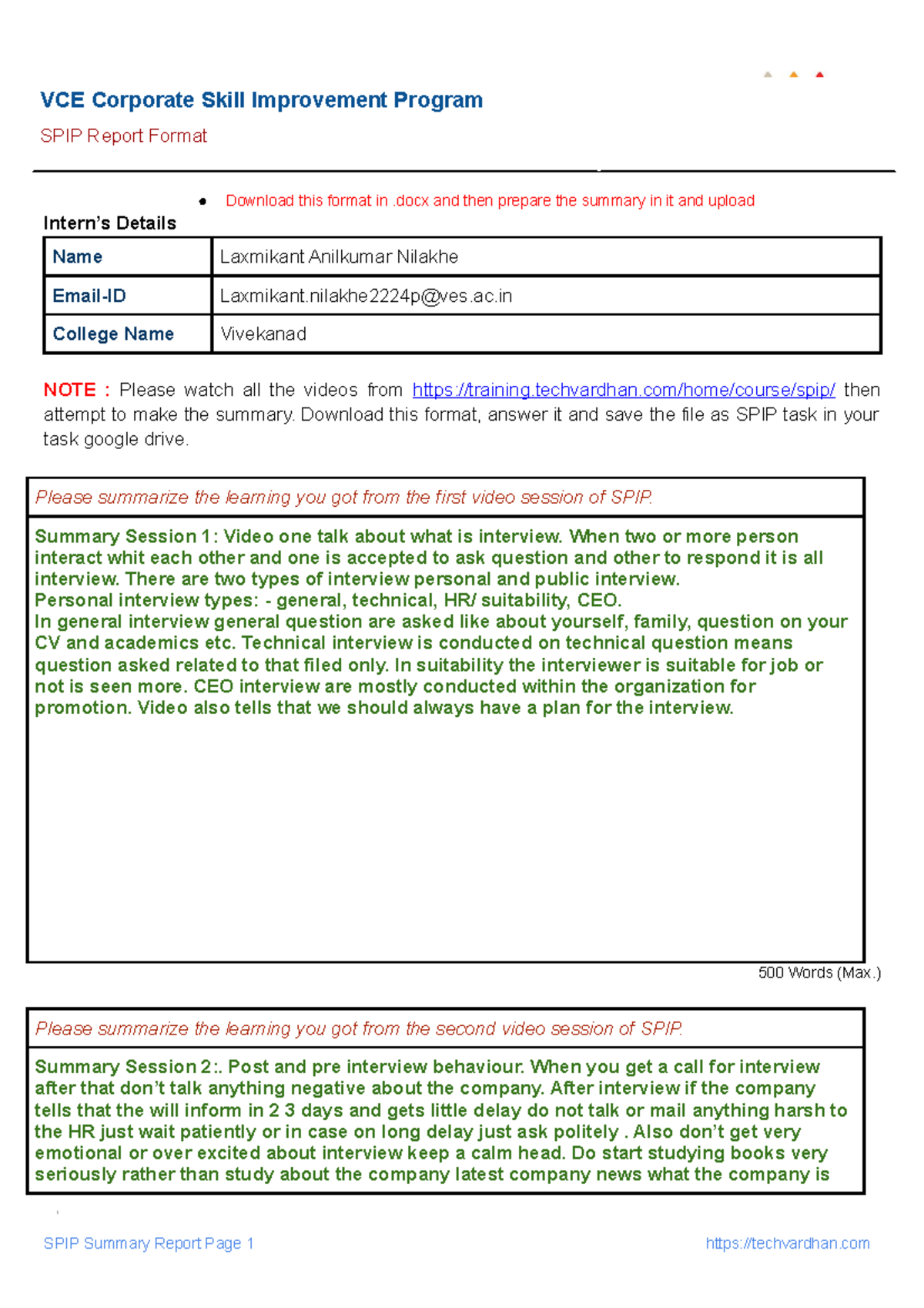 Copy of SPIP task - summer internship task - SPIP Report Format Download this format in .docx ...