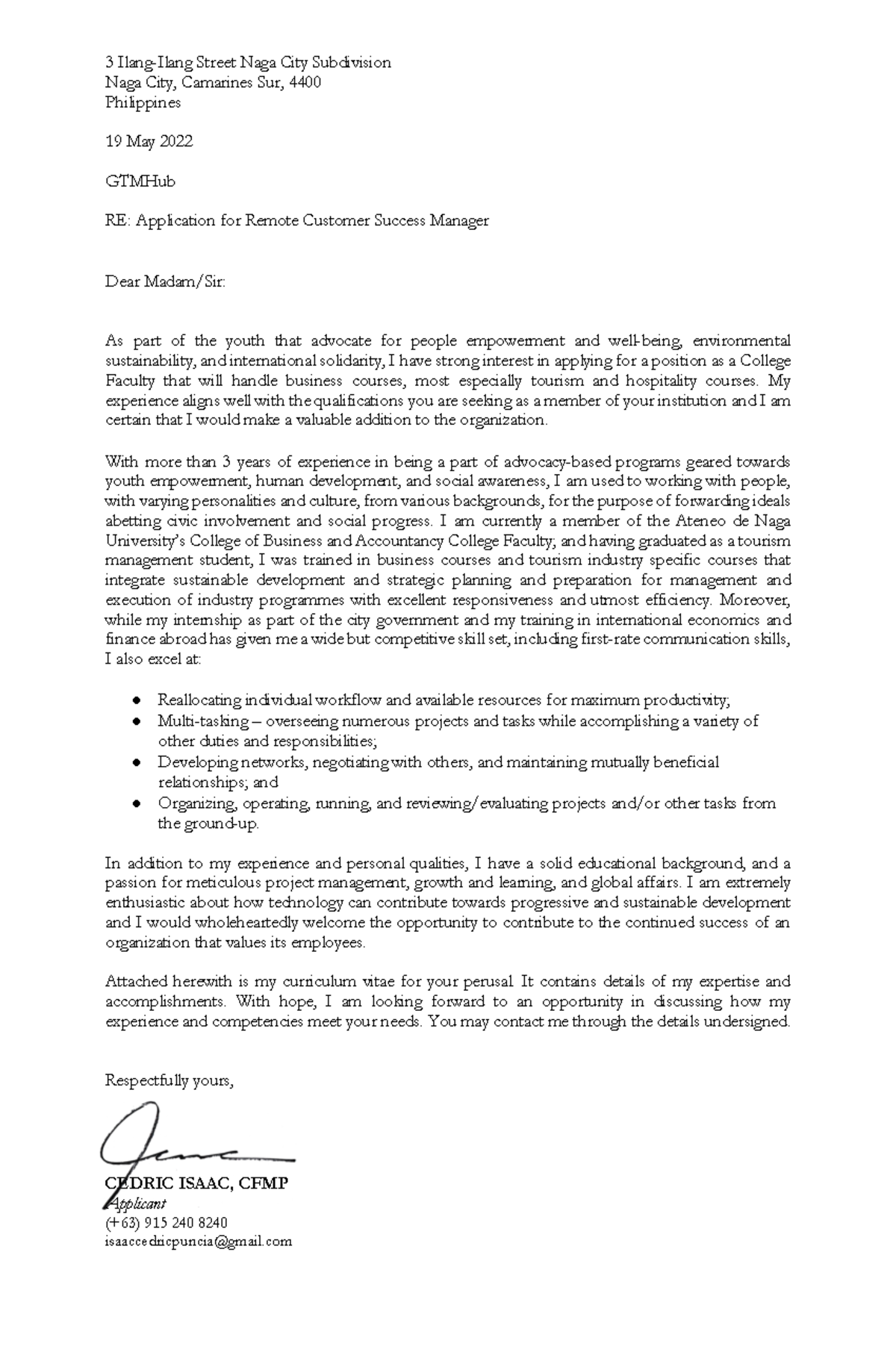 Cover Letter - 3 Ilang-Ilang Street Naga City Subdivision Naga City ...