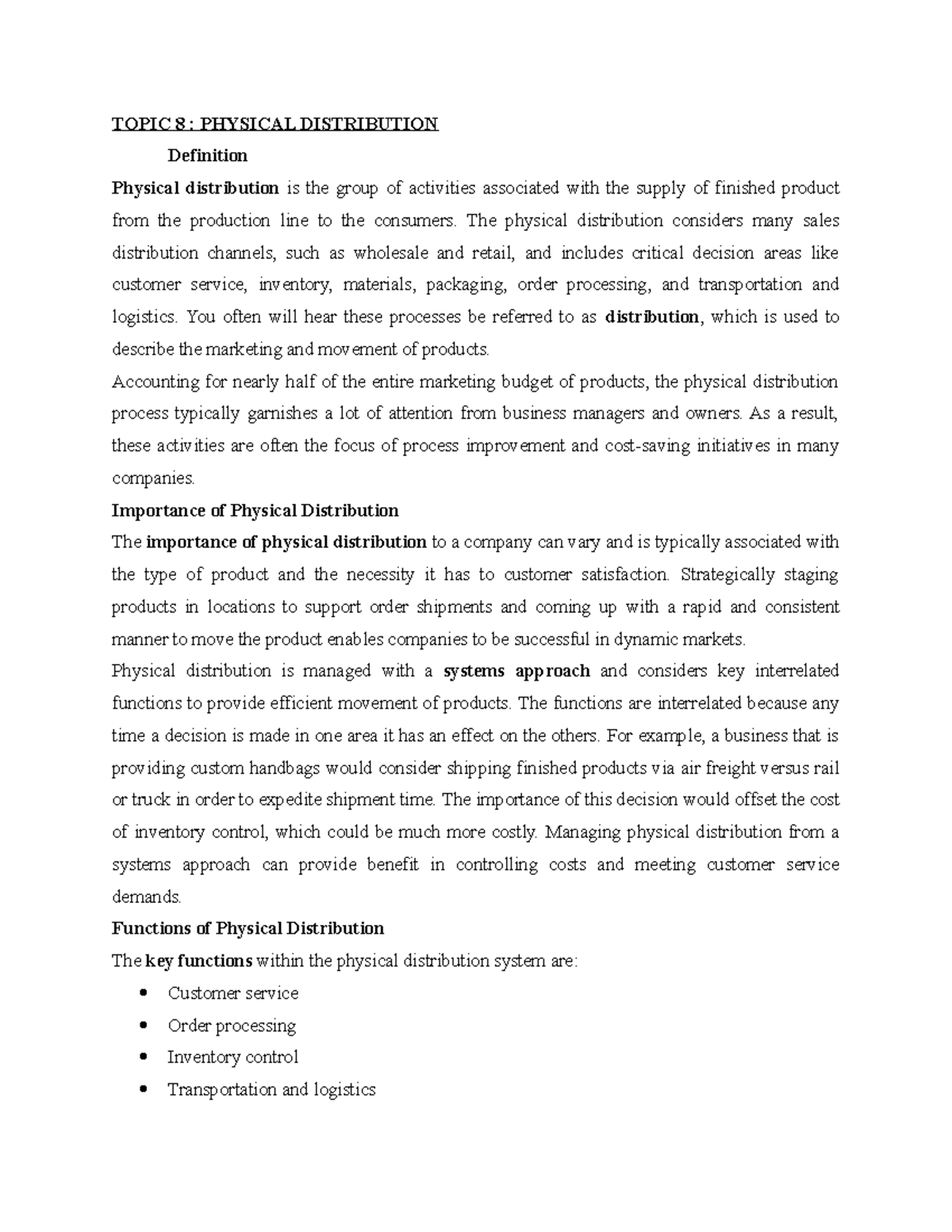 Topic 7 distribution Planning - TOPIC 8 : PHYSICAL DISTRIBUTION ...