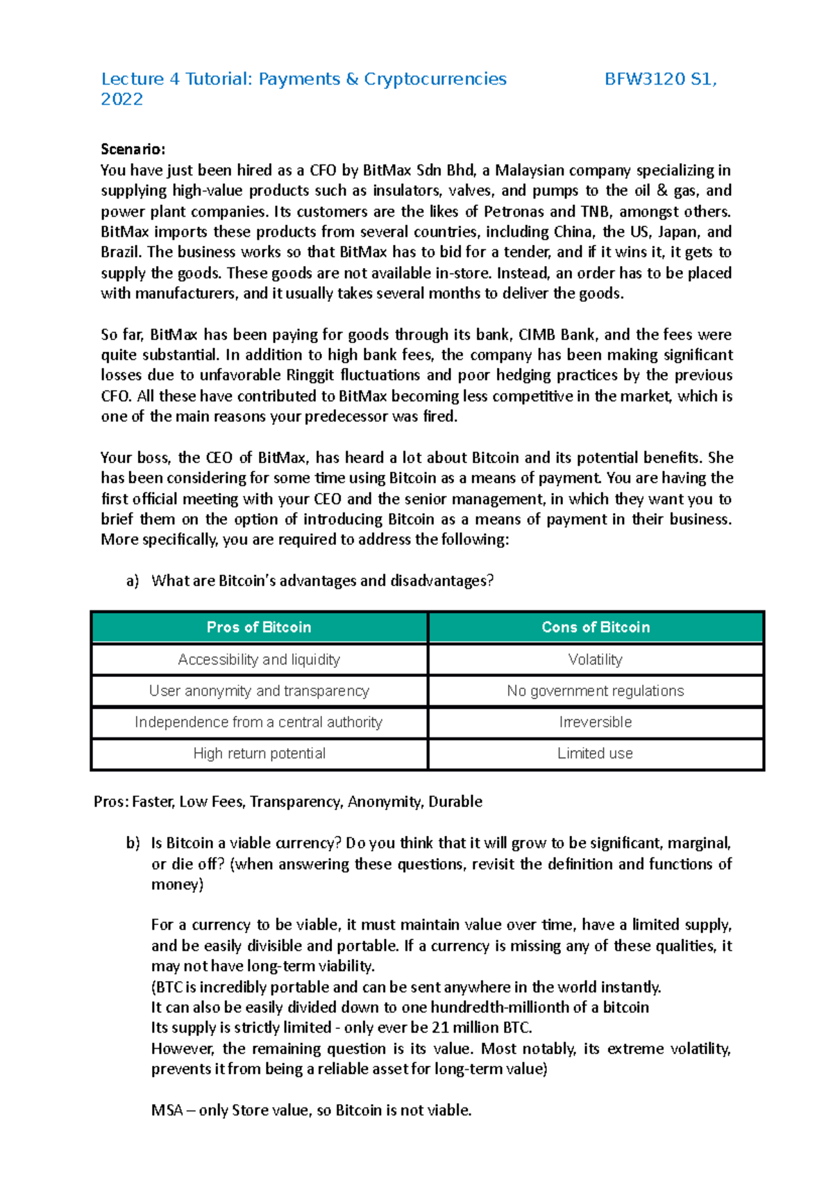 Week 4 Tutorial Questions - Payments Cryptocurrencies - Lecture 4 ...