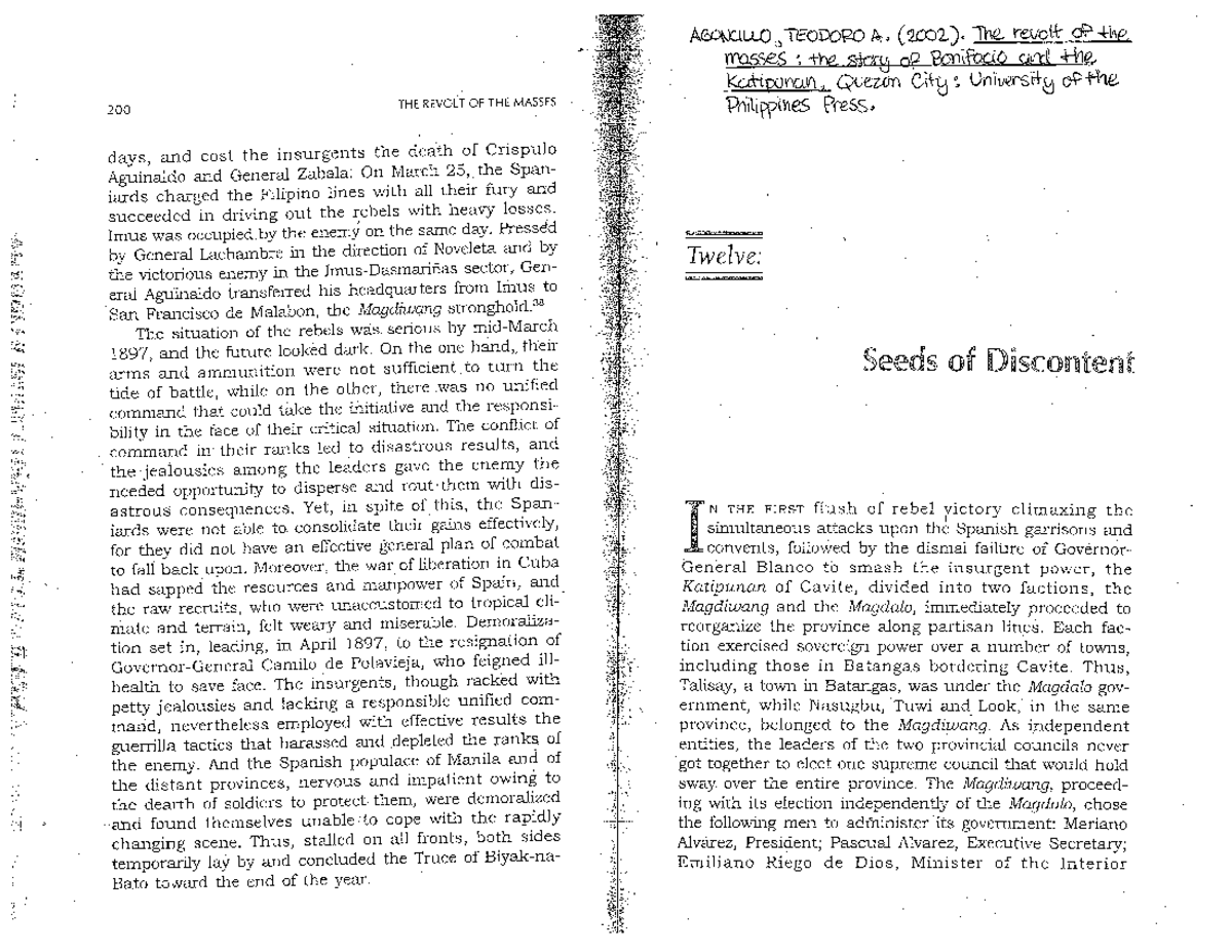 Agoncillo Revolt of the Masses Seeds of Discontent - Readings in ...
