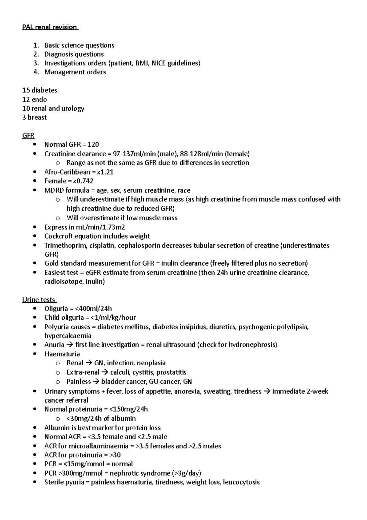 Renal notes from summary - PAL renal revision 1. 2. 3. 4. Basic science ...