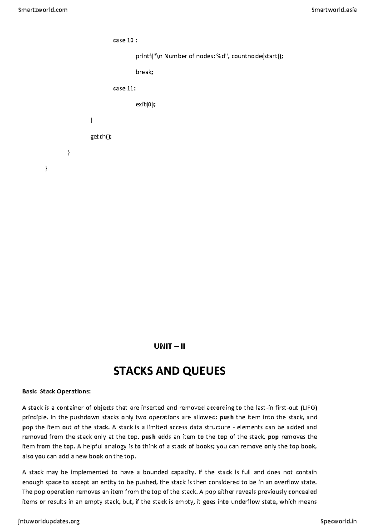 Data Structures U2 - case 10 : printf("\n Number of nodes: %d", countnode(start)); break; - Studocu