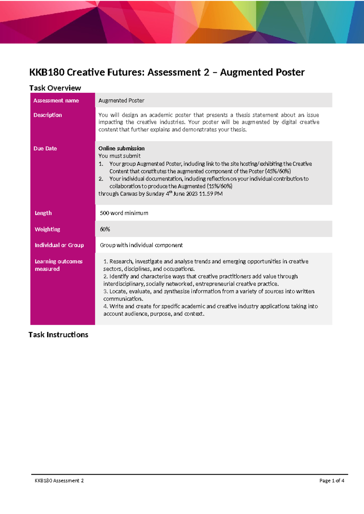 KKB180 A2 Task Sheet & CRA 2024 - KKB180 Creative Futures: Assessment 2 ...