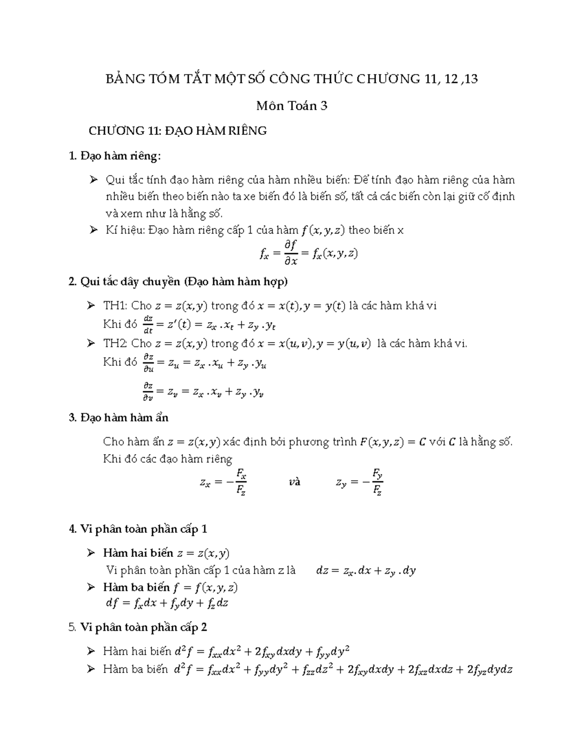 Bảng tóm tắt lý thuyết chuong 11 - BÀNG T”M T¾T MÞT SÞ C‘NG THĀC CH ̄¡NG 11, 12 , MÙn To·n 3 CH ...
