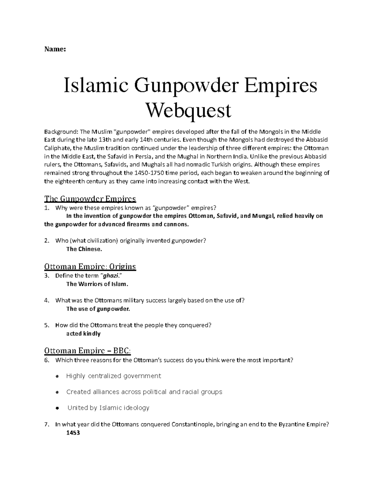 Islamic Gunpowder Empires Webquest - Google Docs - Name: Islamic ...