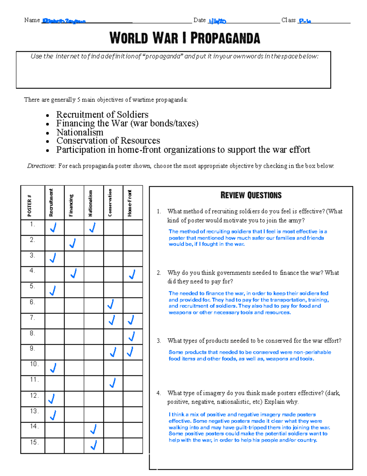 WWI Propaganda Analysis Activity - ####### Use the internet to find a ...