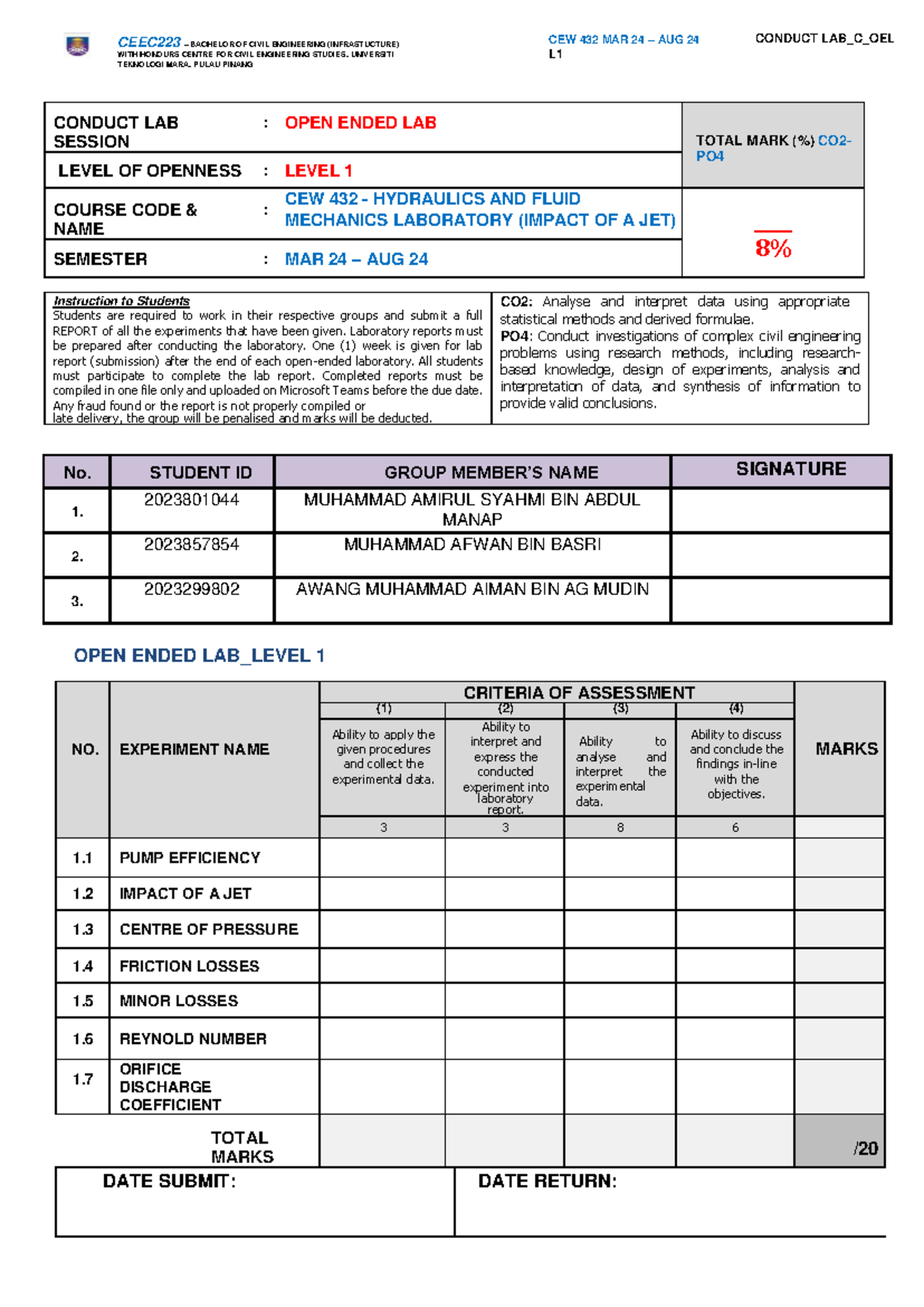 Group 1 Impact OF A JET - lab - CEEC223 – BACHELOR OF CIVIL ENGINEERING ...