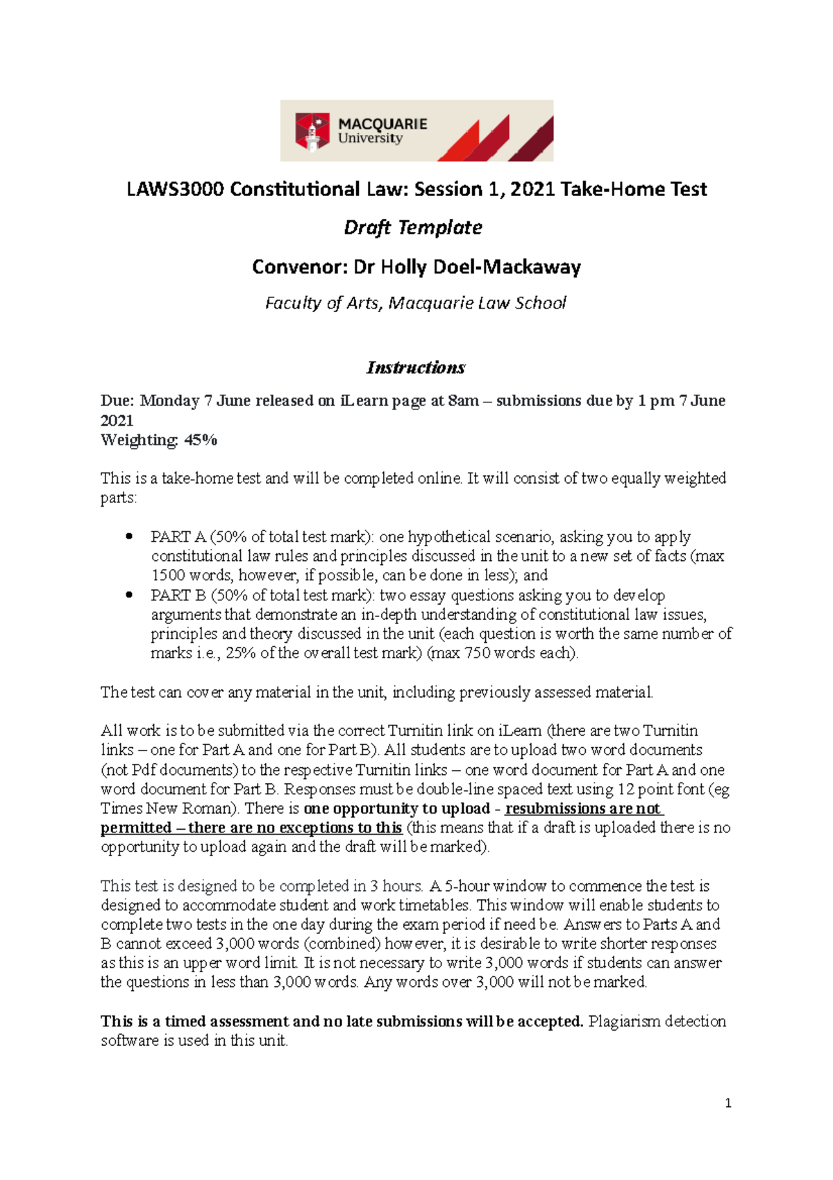 Draft Test Template FYI - LAWS3000 Constitutional Law: Session 1, 2021 ...