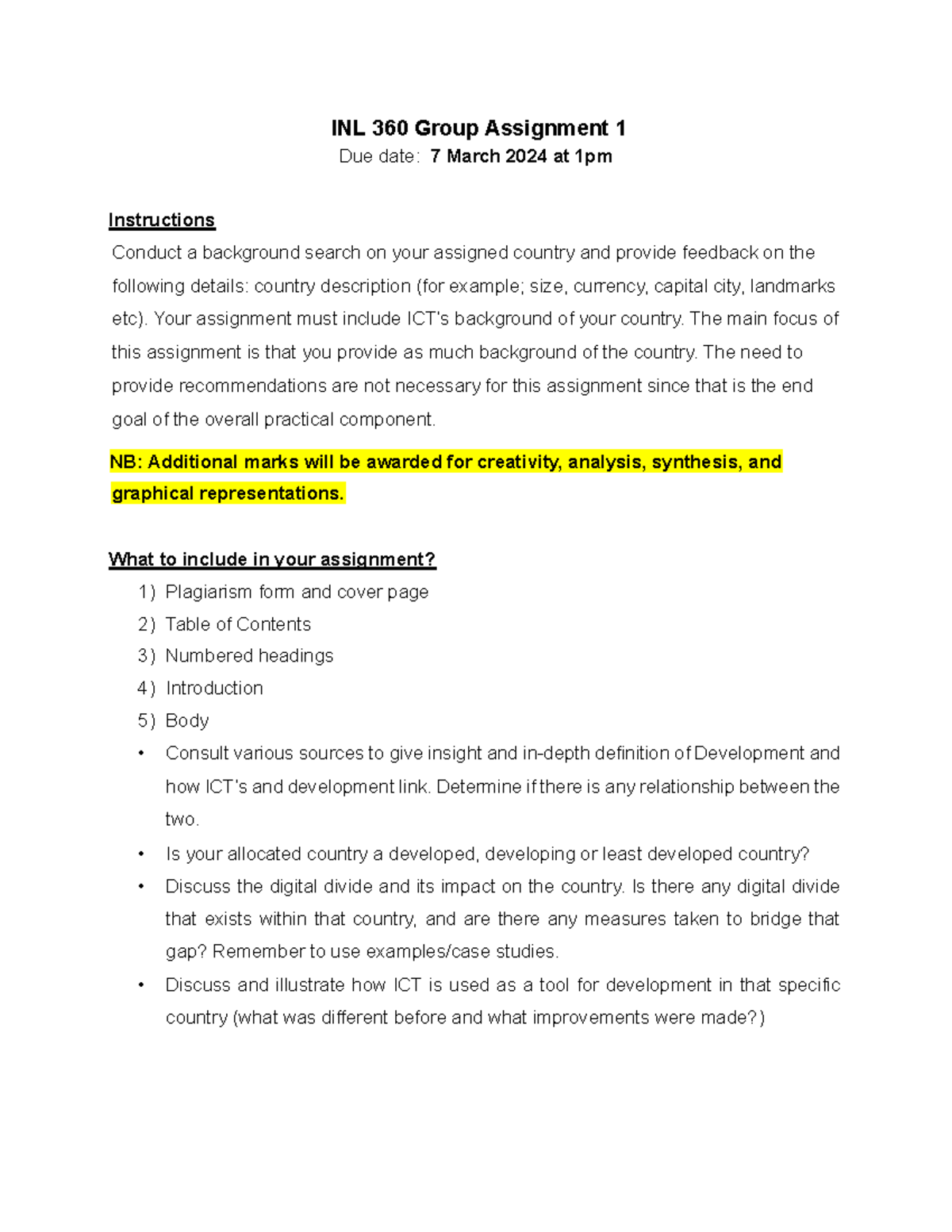 INL 360 Group Assignment 1 2024 - INL 360 Group Assignment 1 Due date ...