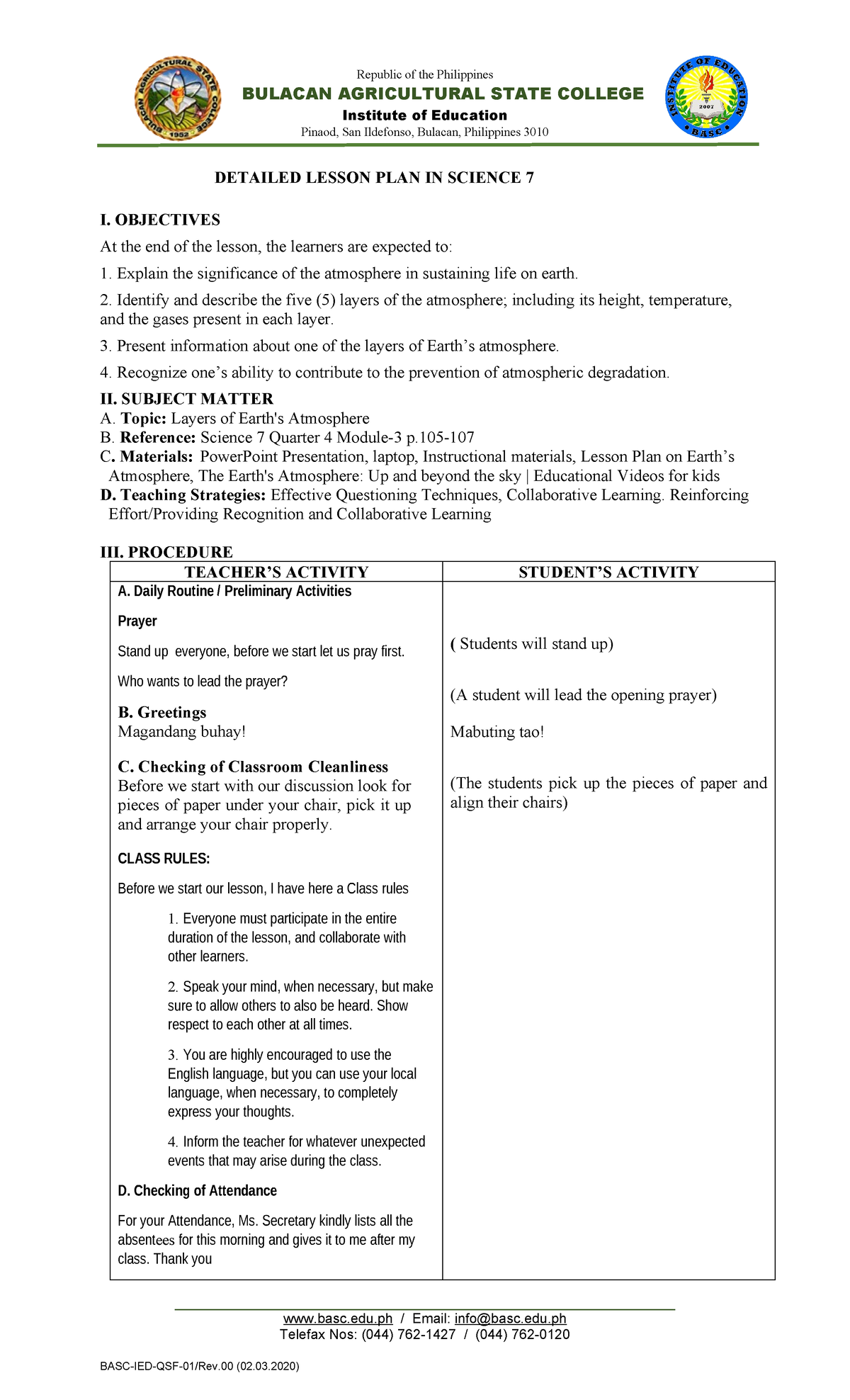 Detailed Lesson PLAN IN Layers OF Earth'S Atmosphere - Republic of the ...