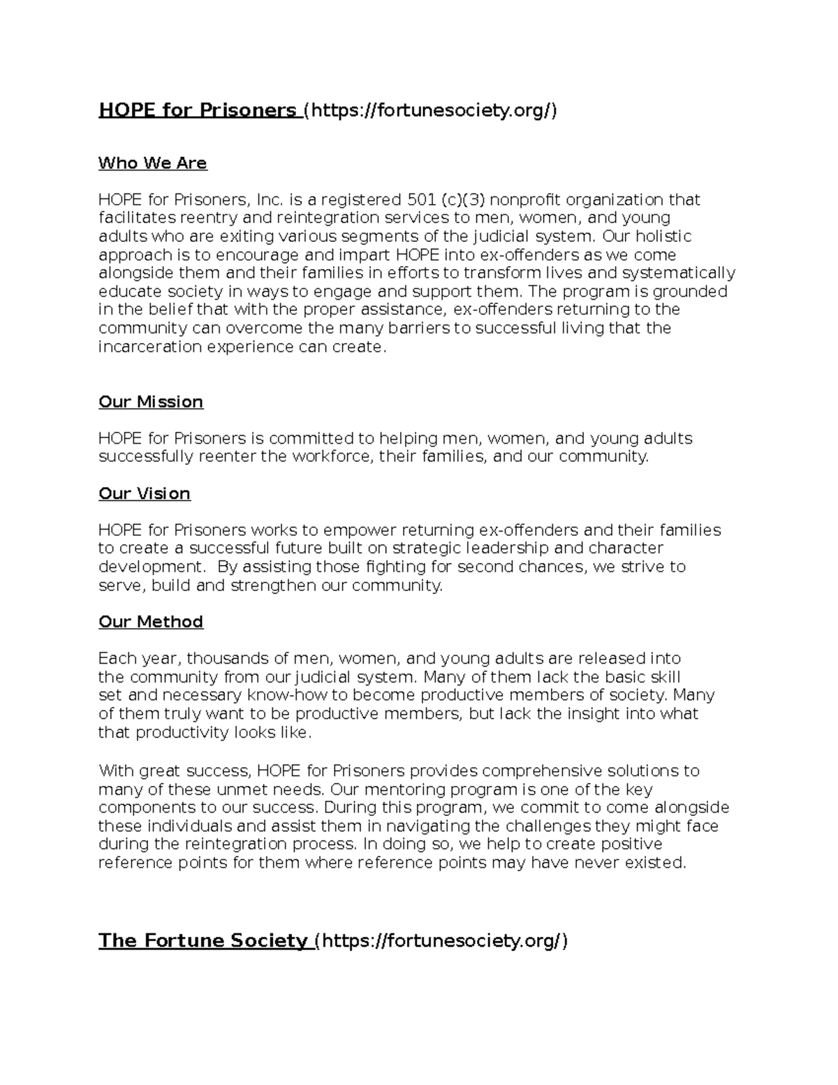 Prisoner Reentry Orgainzation - HOPE for Prisoners (fortunesociety ...