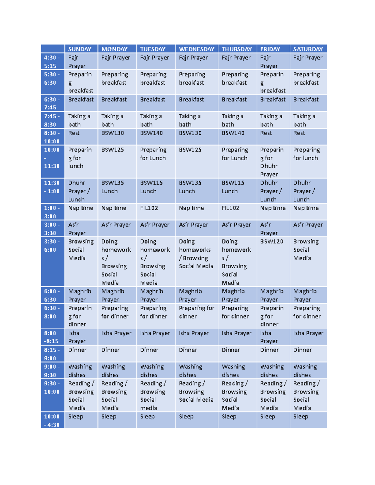 Weekly Time Schedule - Lecture notes 5 - SUNDAY MONDAY TUESDAY ...