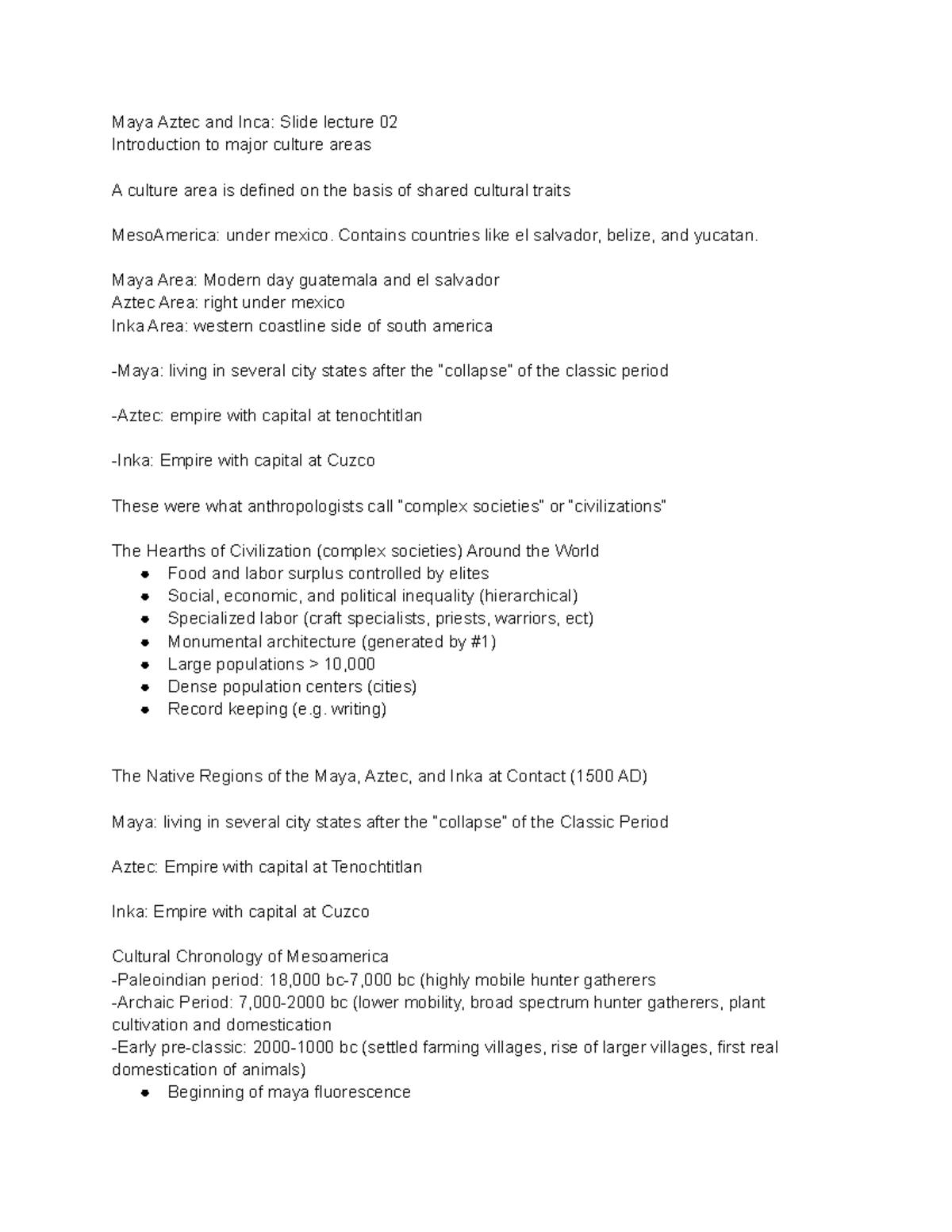 Maya Inka Notes 1 - ANSC 103 Module 1 - Maya Aztec and Inca: Slide ...