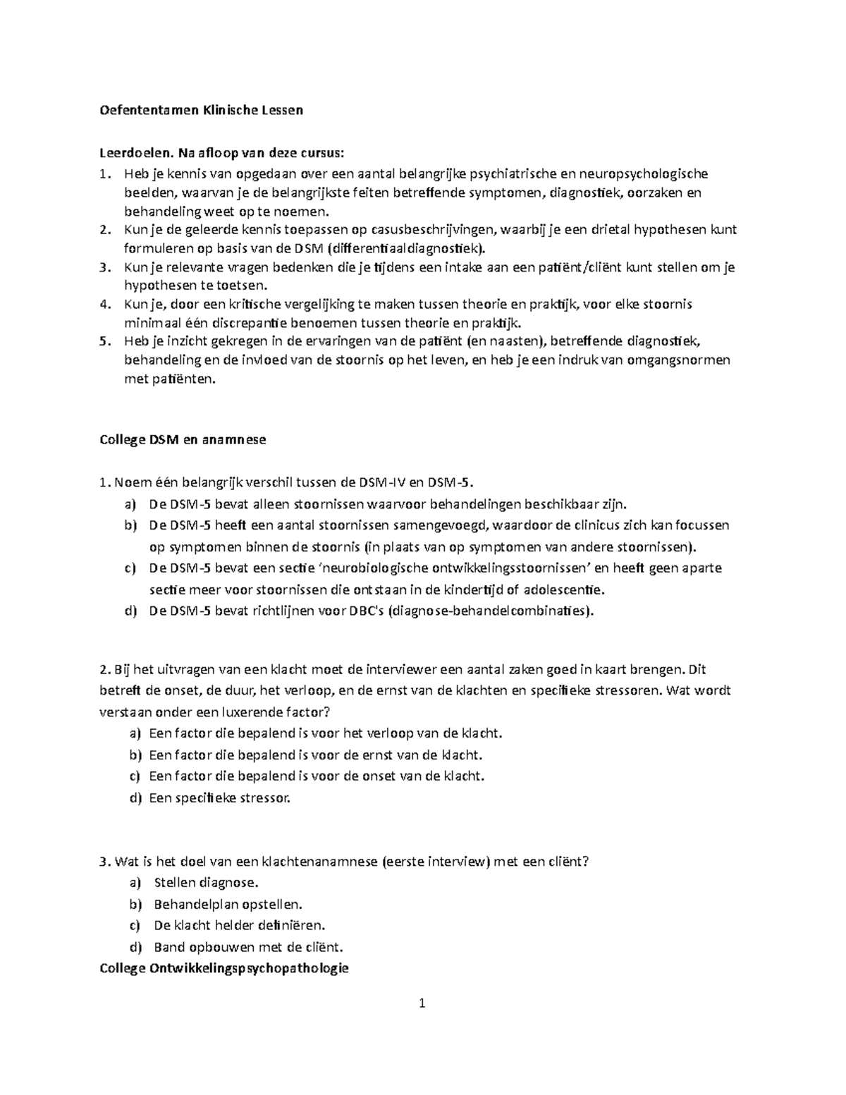 Oefententamen Klinische Lessen (zonder antwoorden) - B3 Klinische ...