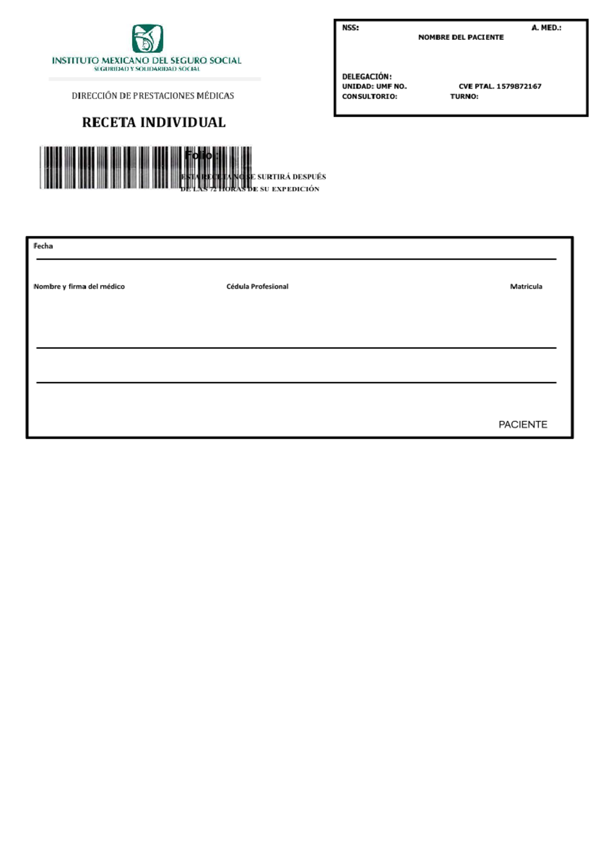 Copia de receta-IMSS editable - NSS: A. MED.: NOMBRE DEL PACIENTE ...
