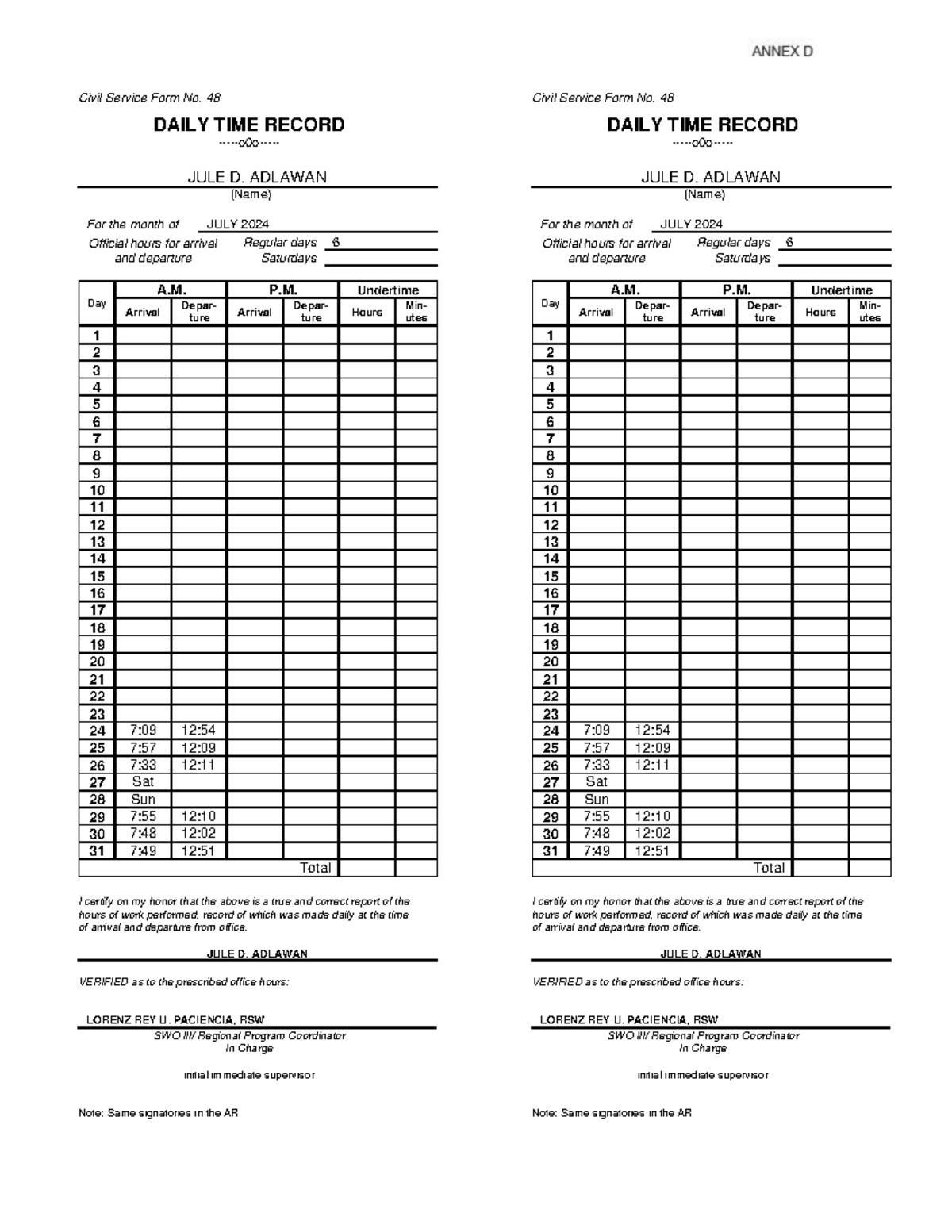 Annex-D - Daily-TIME- Record - Civil Service Form No. 48 DAILY TIME ...