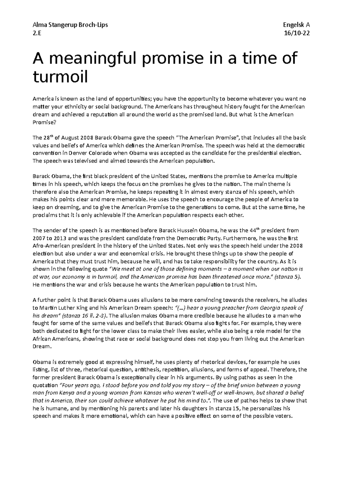 Analysis of The Promise Speech by Obama - Alma Stangerup Broch-Lips ...