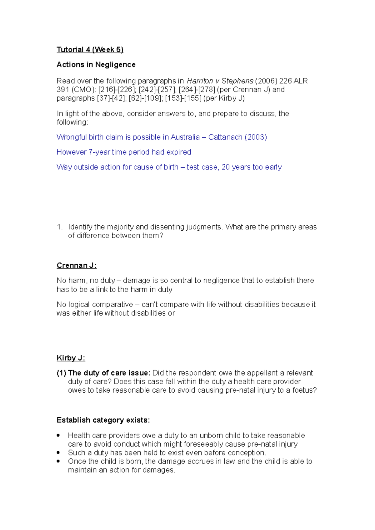 Torts - Tutorial 4 - Actions in Negligence - Tutorial 4 (Week 5 ...