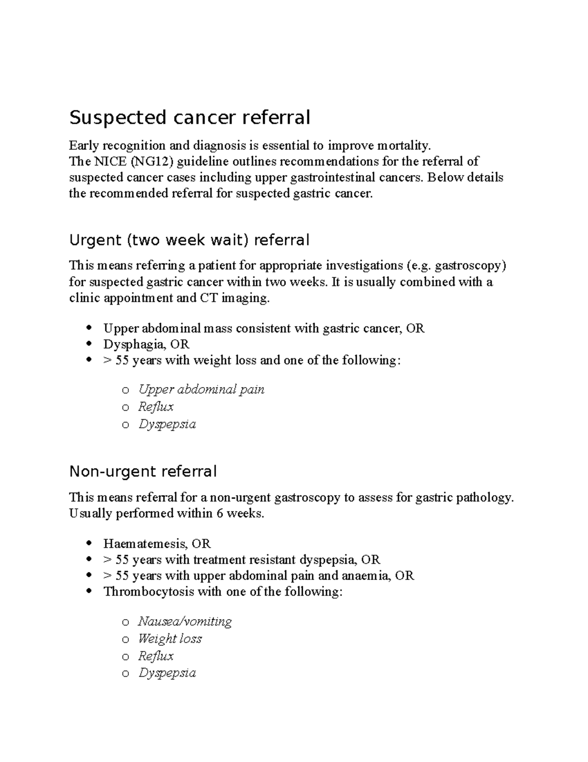 Suspected gastric cancer referral - Suspected cancer referral Early ...