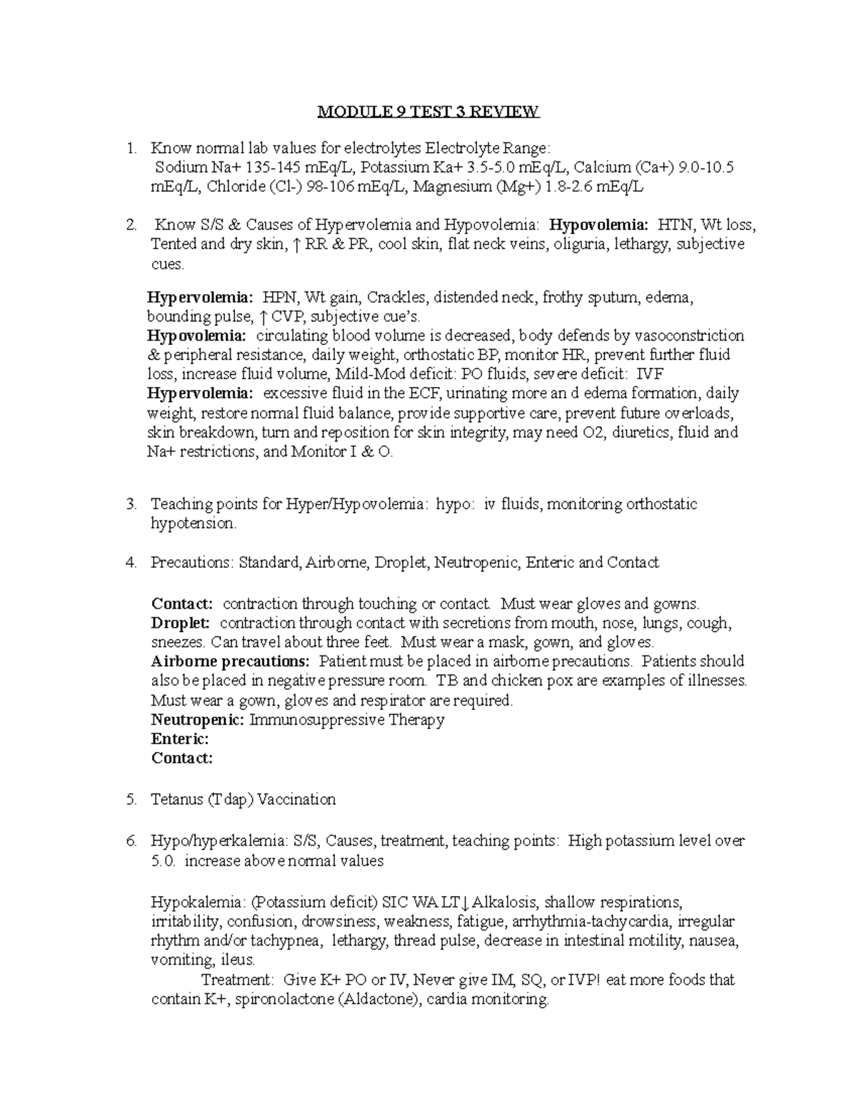Module 9 Exam 3 Review - MODULE 9 TEST 3 REVIEW Know normal lab values ...
