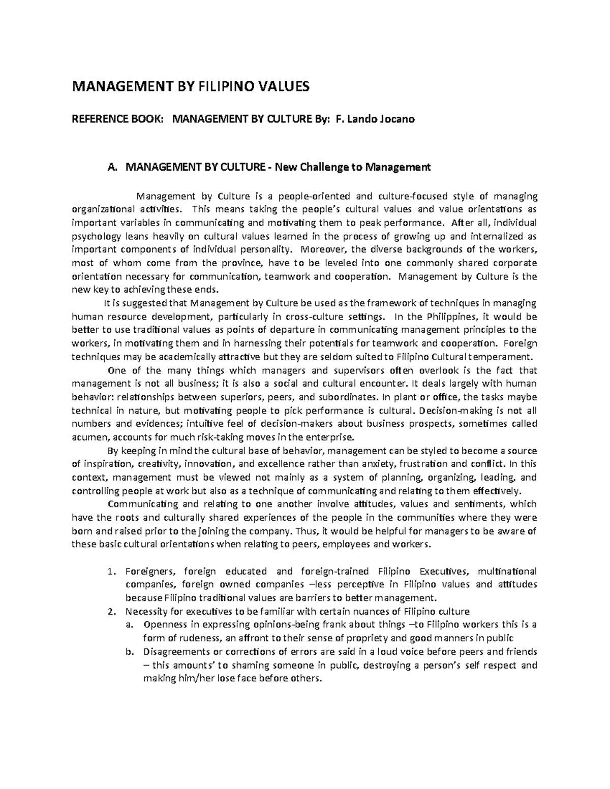 Management-Filipino Values - MANAGEMENT BY FILIPINO VALUES REFERENCE ...