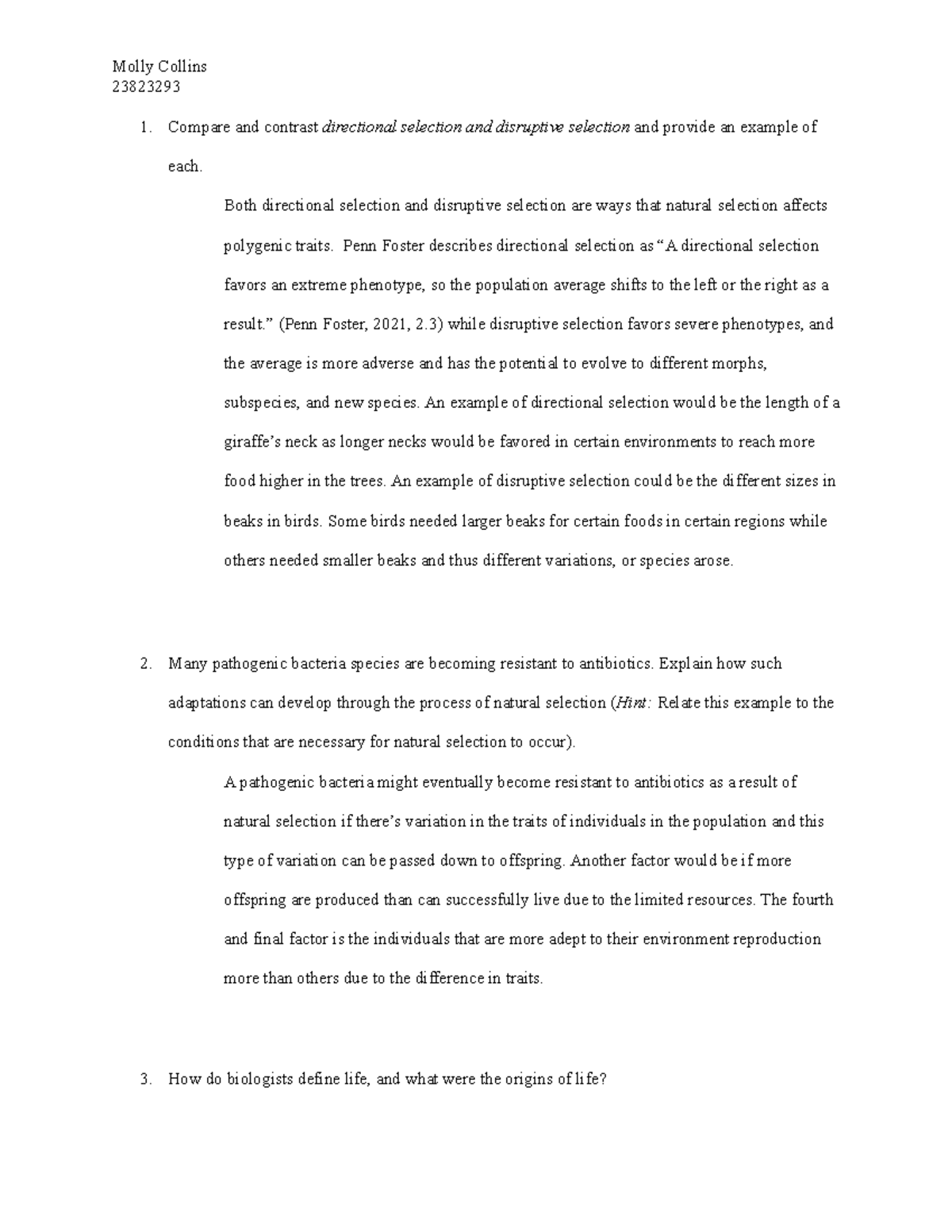 2382393 355340 - Evolution and Diversity of Life Essay Exam - Molly ...