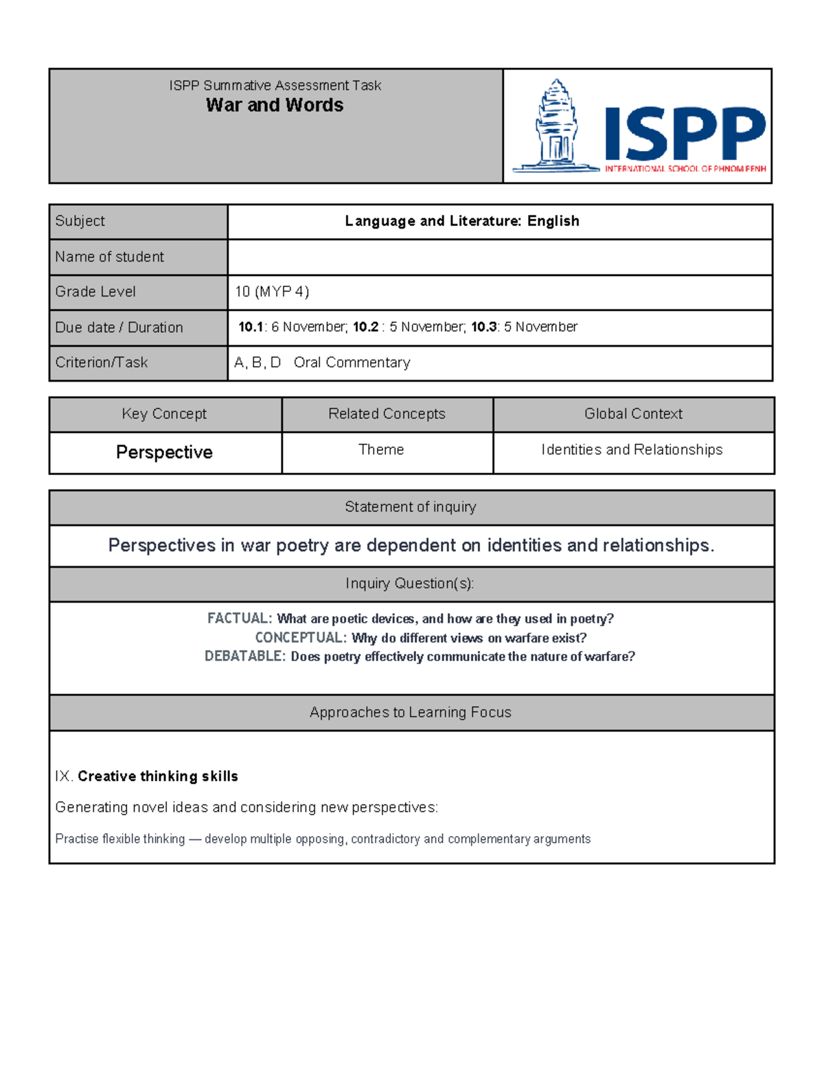 LL10 Unit 2 Summative Task Sheet Oral Commentary - ISPP Summative ...